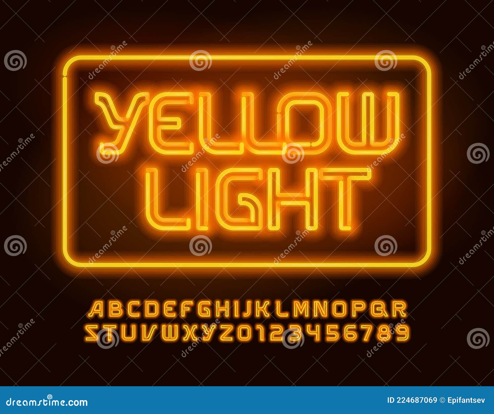 Yellow Light Alphabet Font. Neon Color Letters and Numbers Stock Vector ...