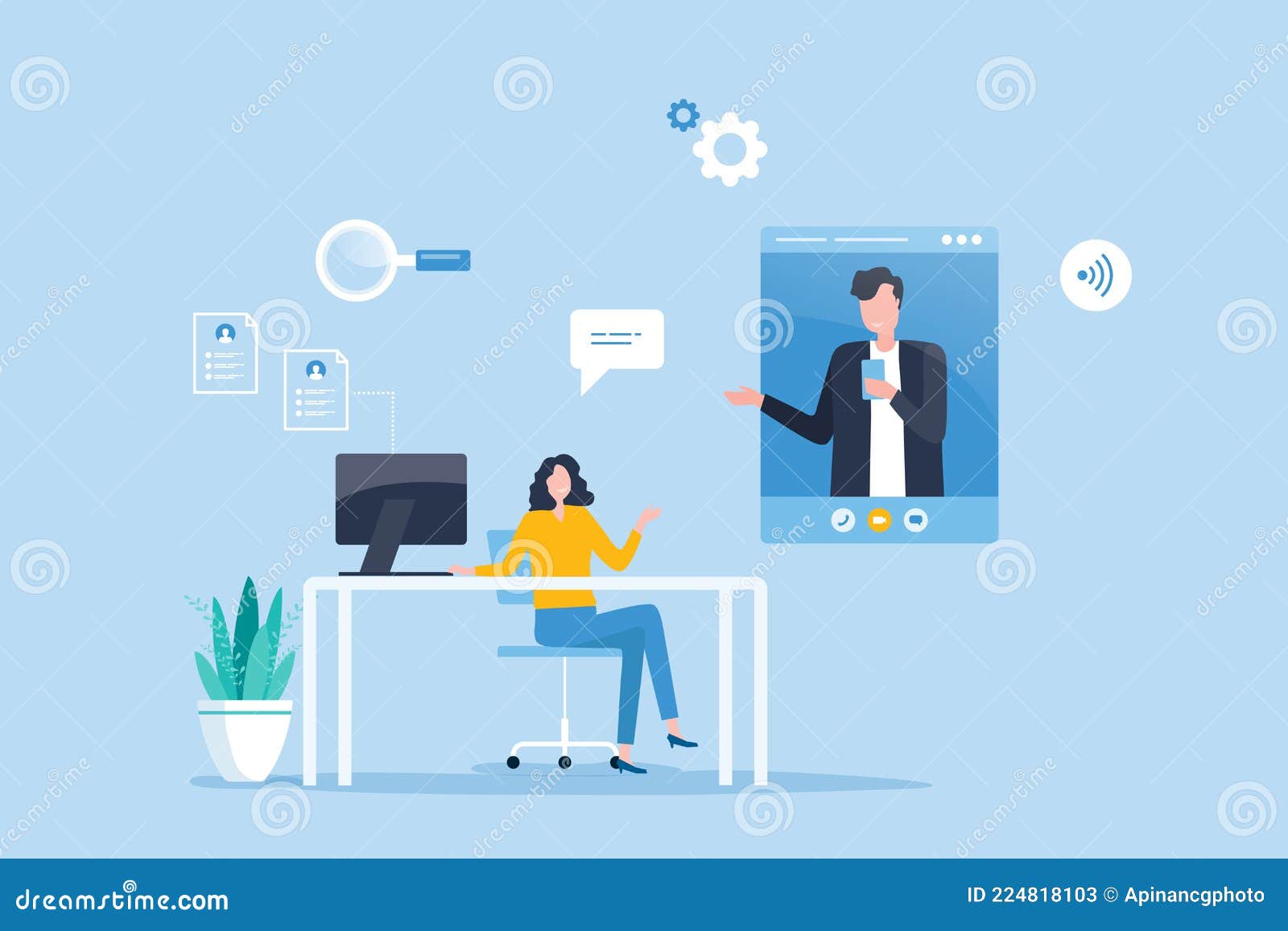 Flat Illustration Online Job Interview Design Concept and Business Team ...