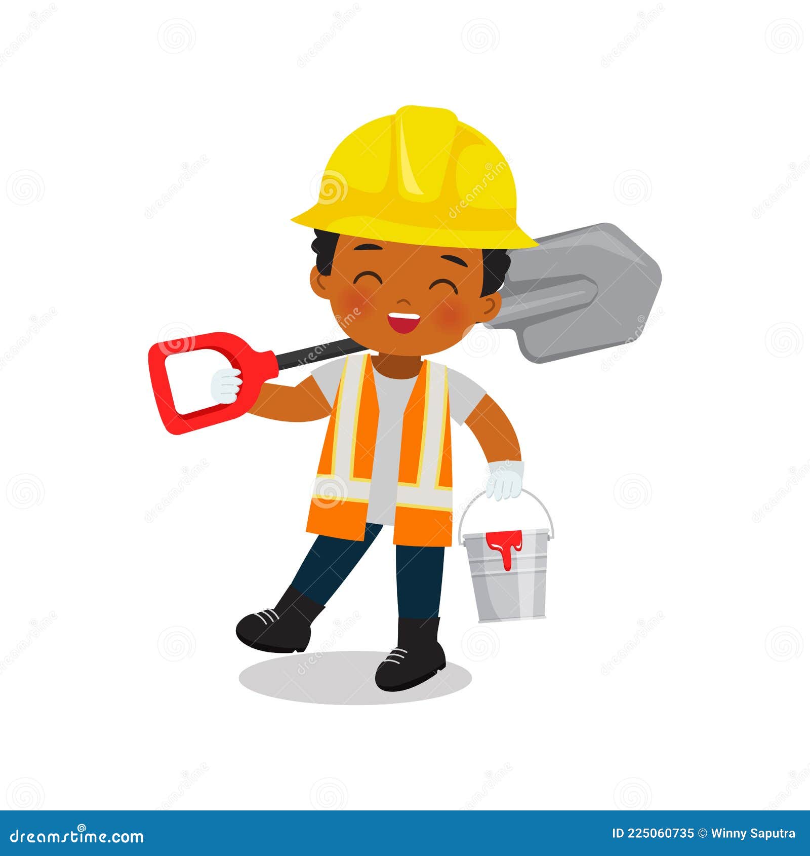 Cute Engineer Worker Boy Holding a Shovel and Metal Bucket. Stock ...