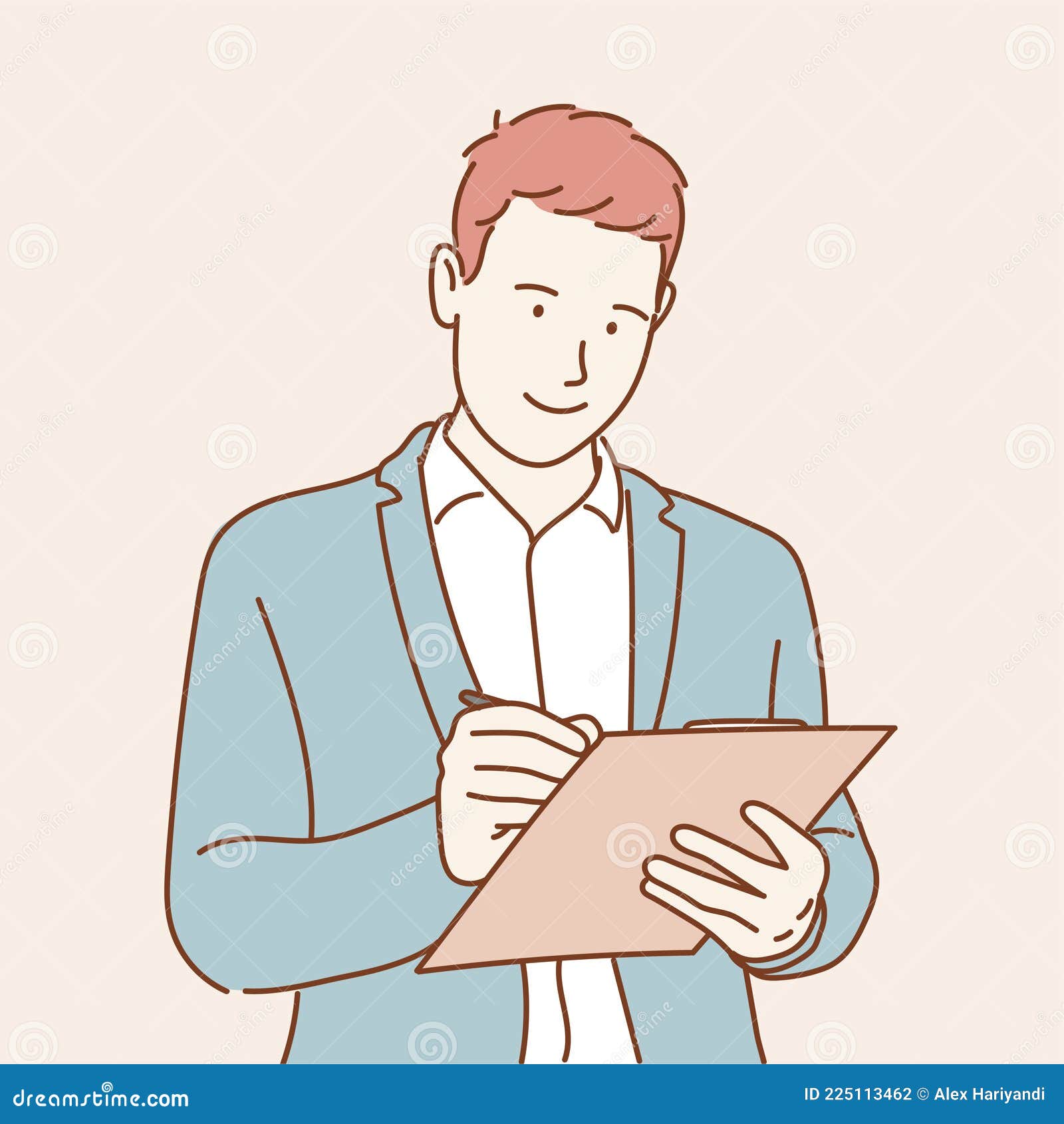 A Young Businessman Was Standing, Taking Notes and Smiling Stock Vector ...