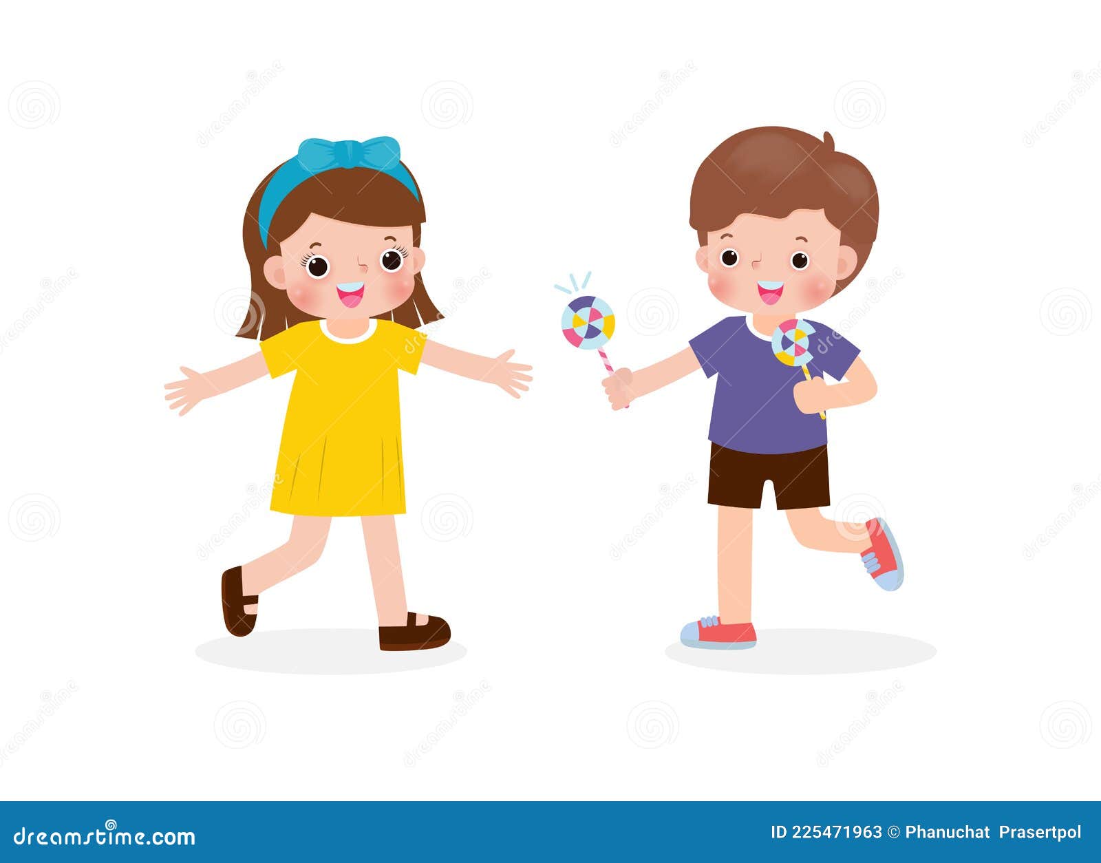 Happy Cute Little Kids Sharing Candy To Friend Cartoon Characters Flat ...