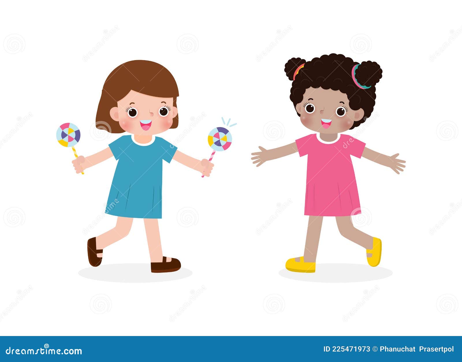 Happy Cute Little Kids Sharing Candy To Friend Cartoon Characters Flat ...