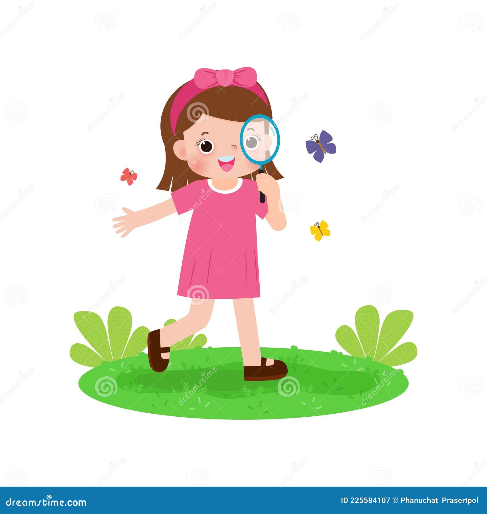 Happy Cute Kids Looking through Magnifying Glasses at Butterfly ...