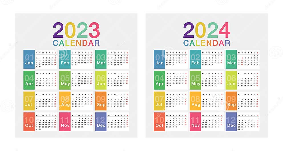 Colorful Year 2023 and Year 2024 Calendar Horizontal Vector Design ...