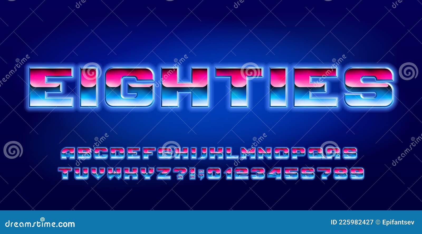 Eighties Alphabet Font. Glowing Letters and Numbers in 80s Style Stock ...