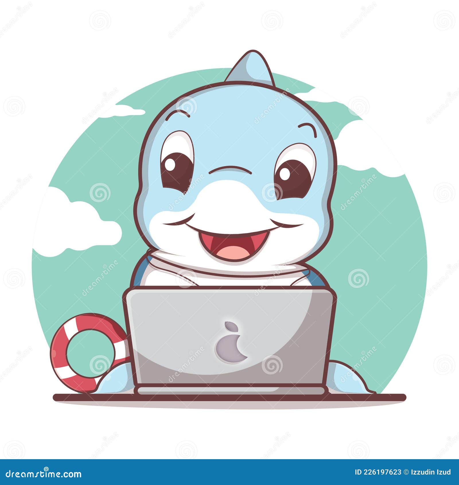 Cute Dolphin Working on Laptop Cartoon Illustration Stock Vector ...