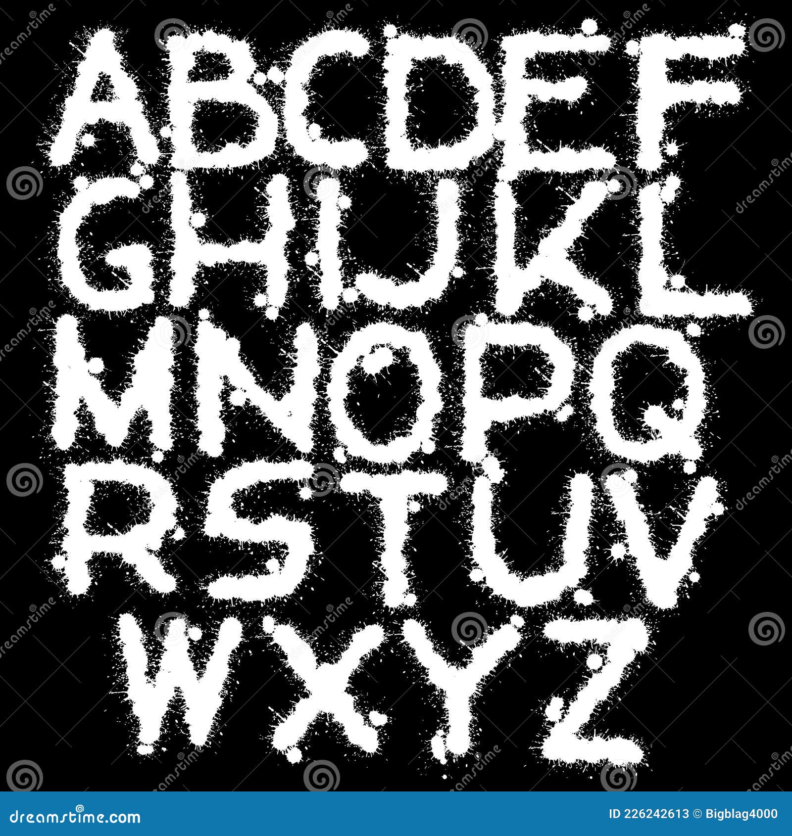 White Paint Blots Alphabet on Black Background.Hand Drawn Vector ...