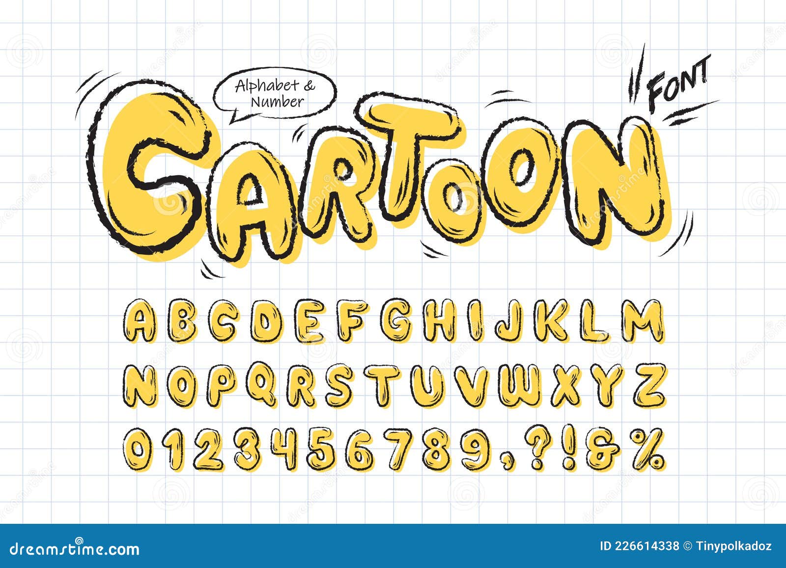 Yellow Cartoon Font or Comic Doodle Alphabet & Number Set Stock Vector ...