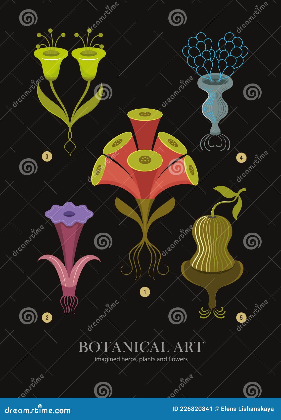 Floral Poster with Imaginary Flowers and Plants, Vector Illustration ...