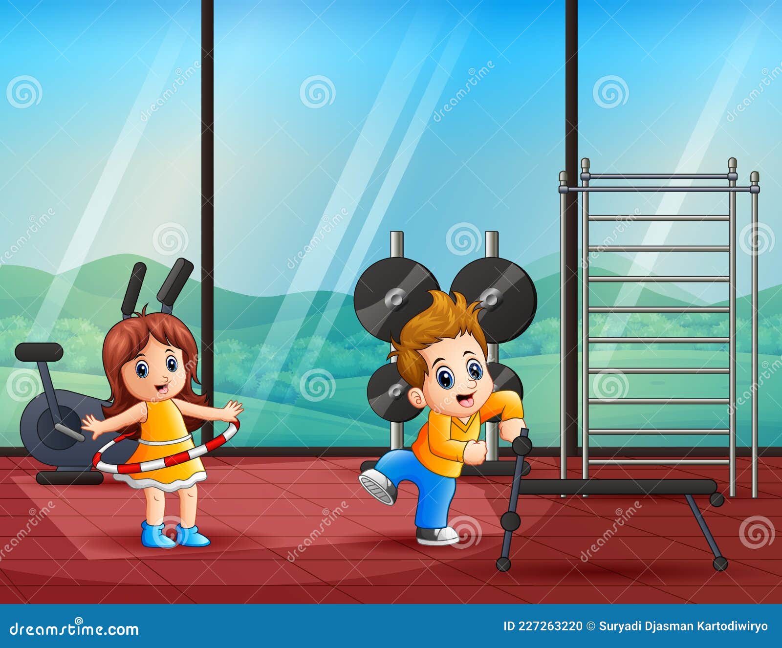 Cartoon Happy Children Doing Exercises in Gym Stock Illustration ...