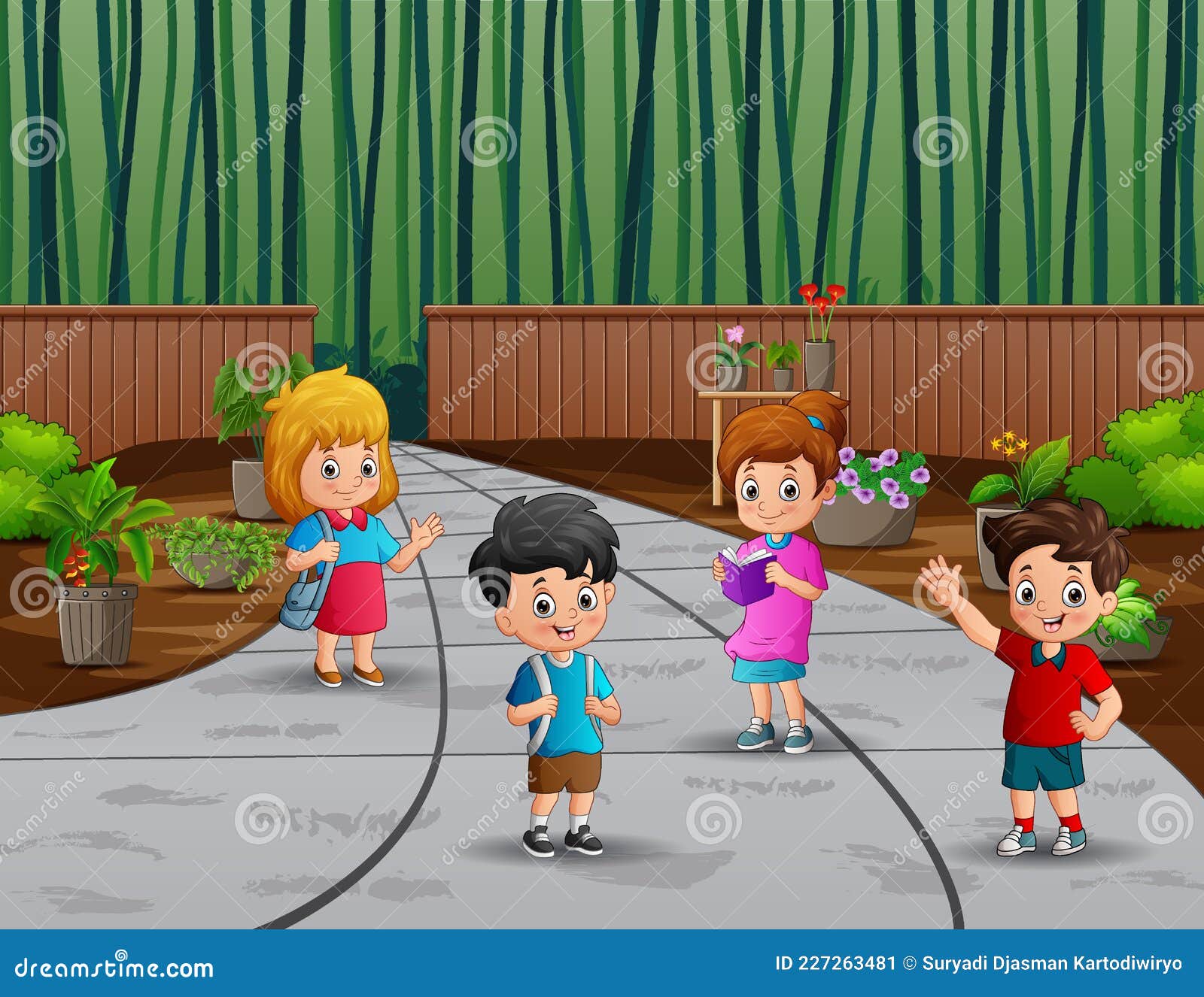 Cartoon School Children Walking through the Park Stock Illustration ...