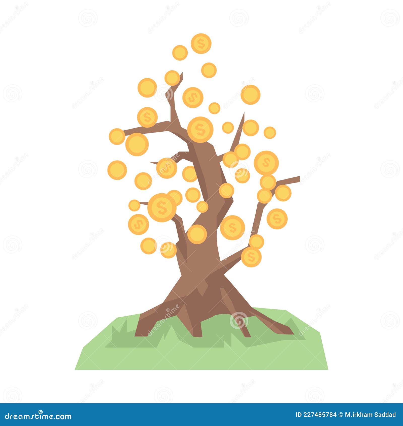 Vector Design Illustration of a Tree with Many Gold Leaf Coins. Flat ...
