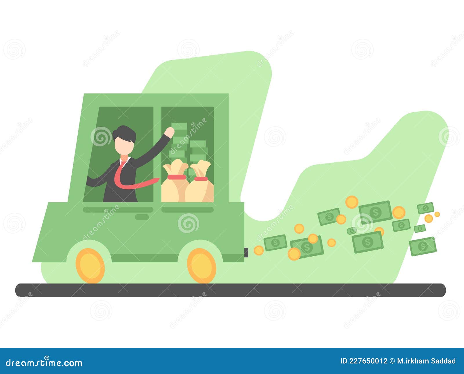Successful Male Businessman Driving a Car with Lots of Money and Coins ...