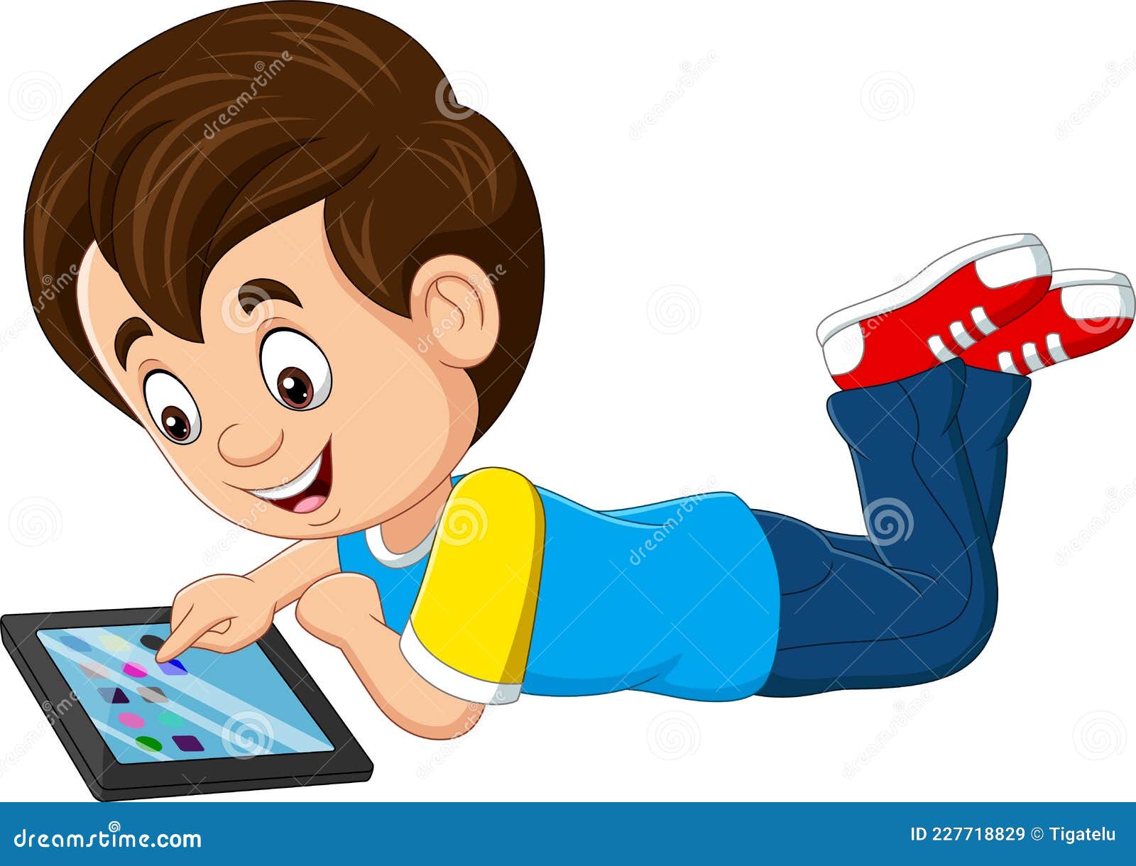 Cartoon Happy Little Boy Using Tablet Stock Vector - Illustration of ...