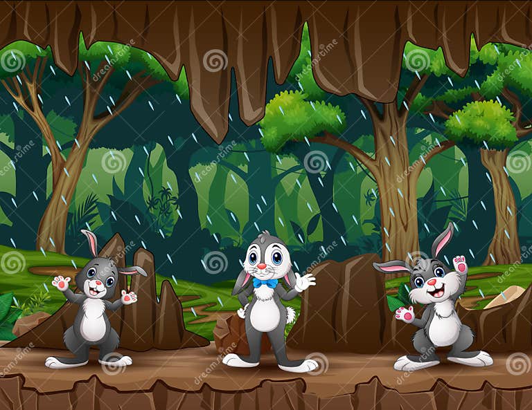 Cute Three of Rabbits in the Cave Entrance Stock Vector - Illustration ...