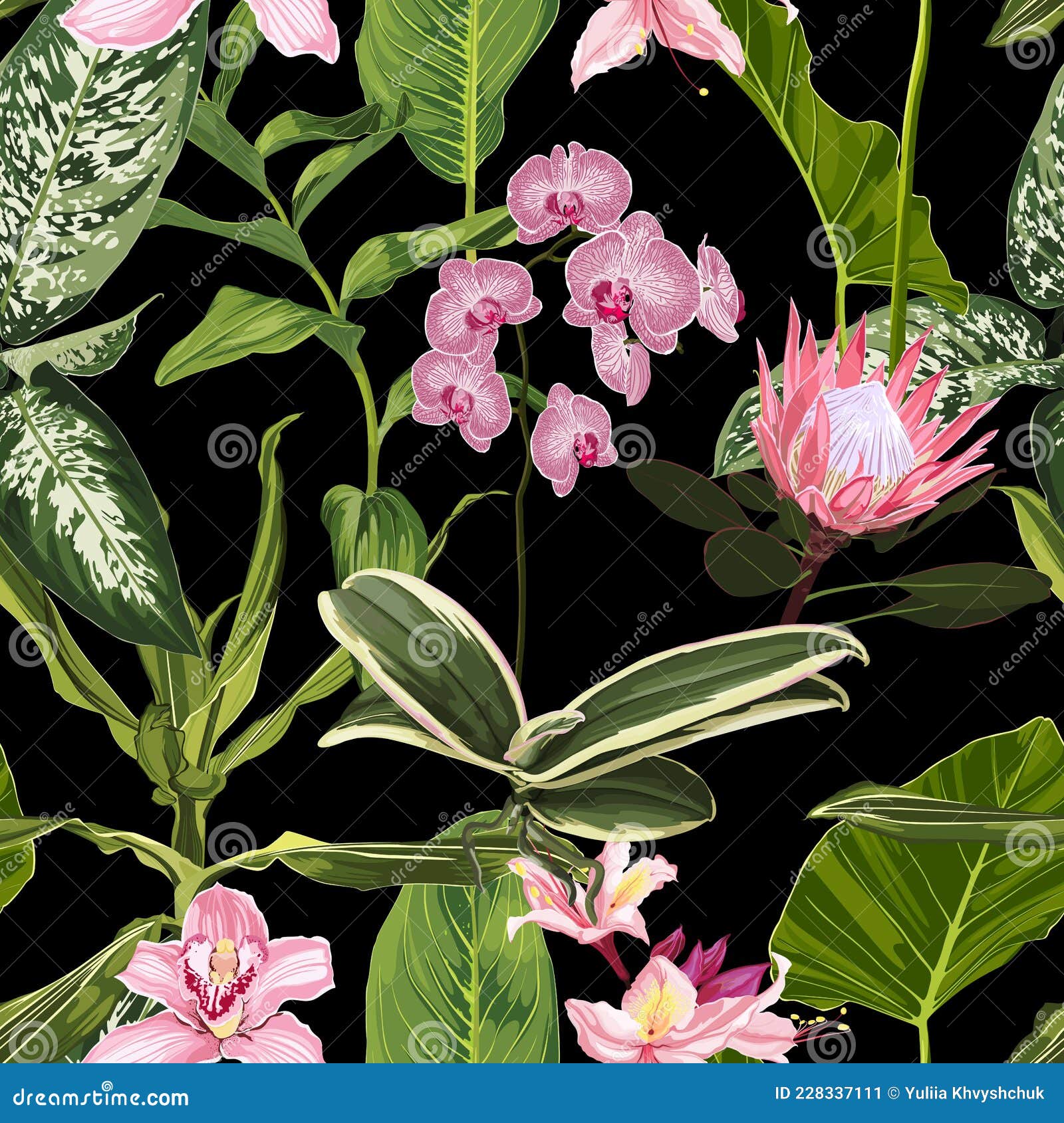 Bright Seamless Pattern with Tropical Pink Flowers and Leaves ...