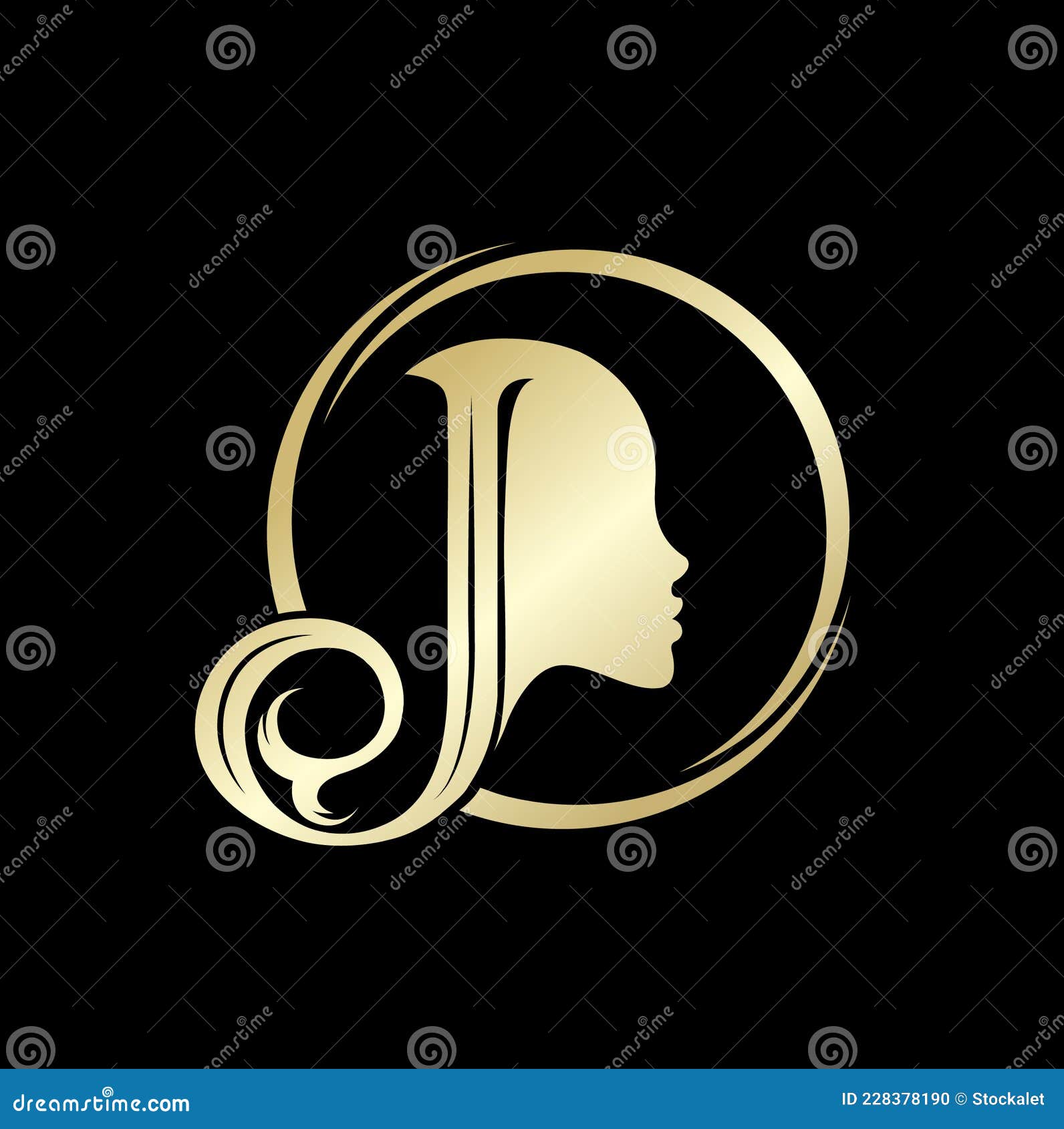 Beauty, Hair Salon Logo. Woman Portrait and Decorative Swirl Letter J ...