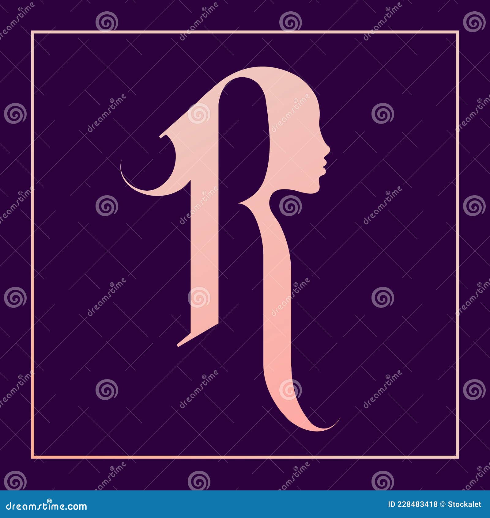 Beauty, Hair Salon Logo. Woman Portrait and Decorative Letter R. Pink ...