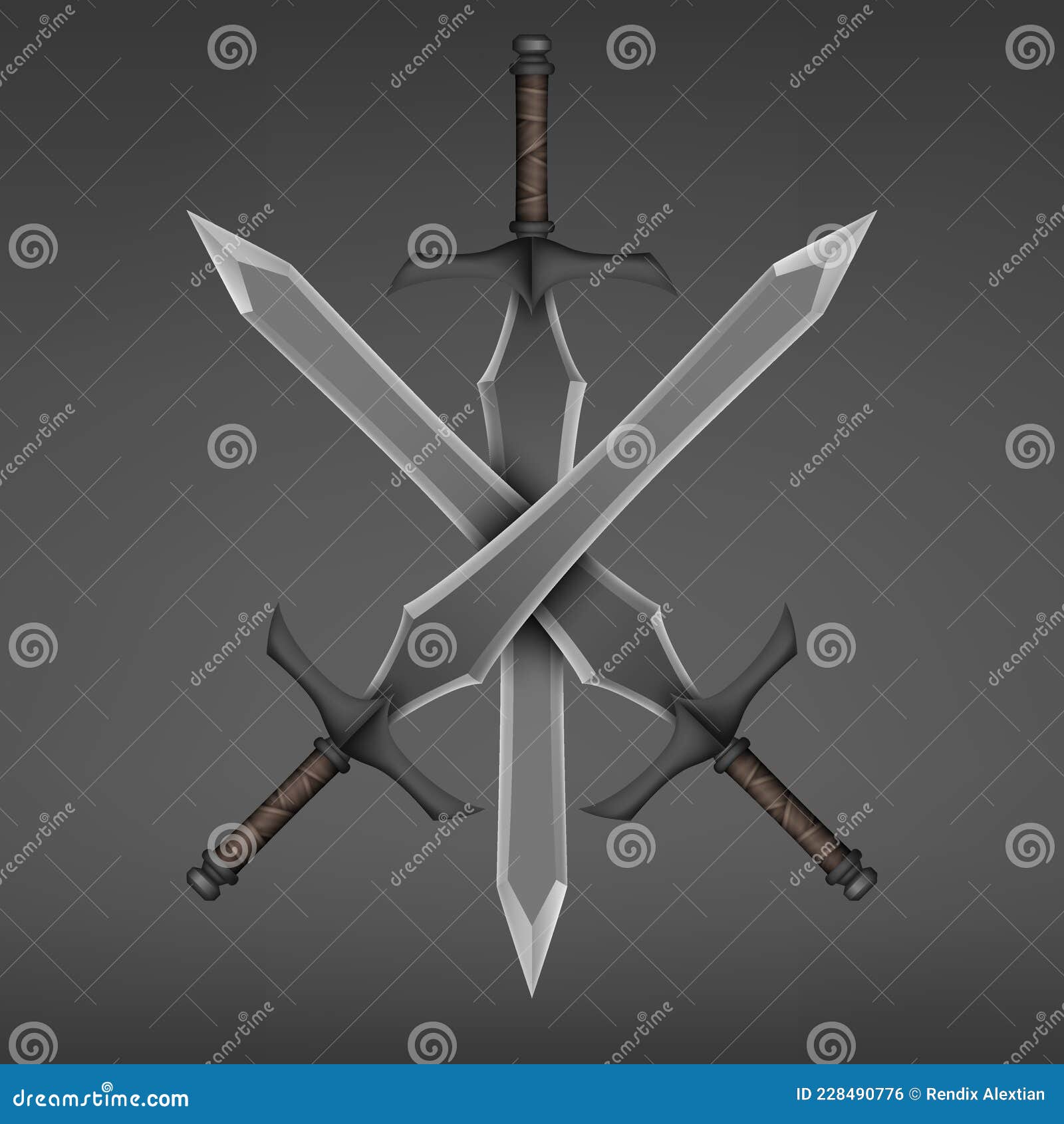 Three Crossed Medieval Sword Isolated on Dark Background. Vector ...