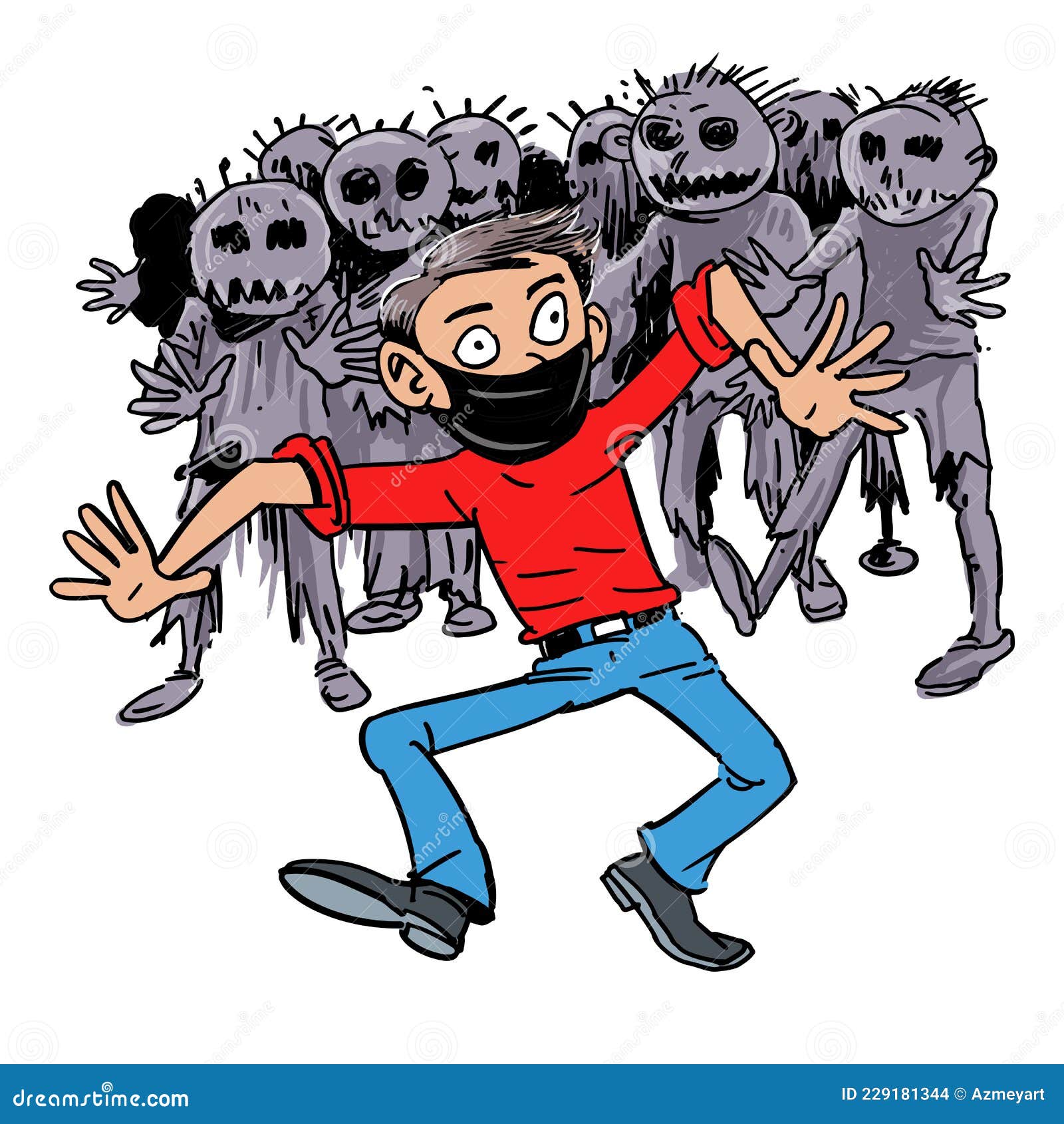 Cartoon the Man Chasing by the Group of Zombies. Stock Vector ...