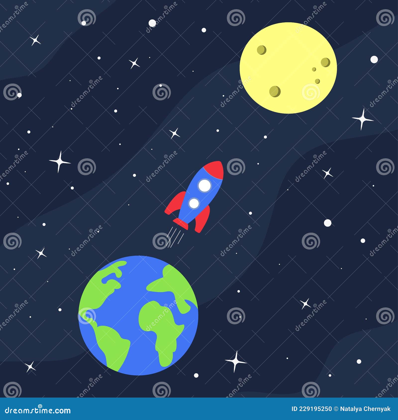 The Rocket Flies Over the Earth To the Moon. Space Background with ...