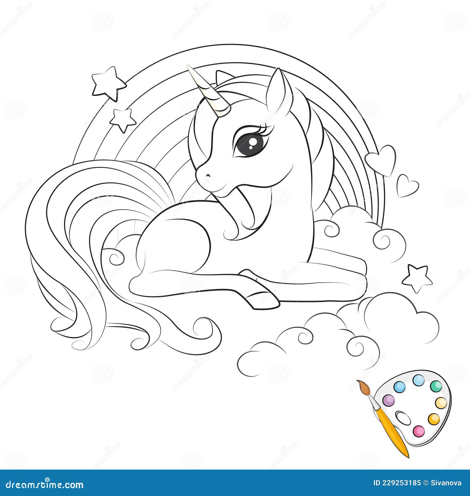 Coloring Book of Cute Unicorn and Rainbow. Stock Vector - Illustration ...