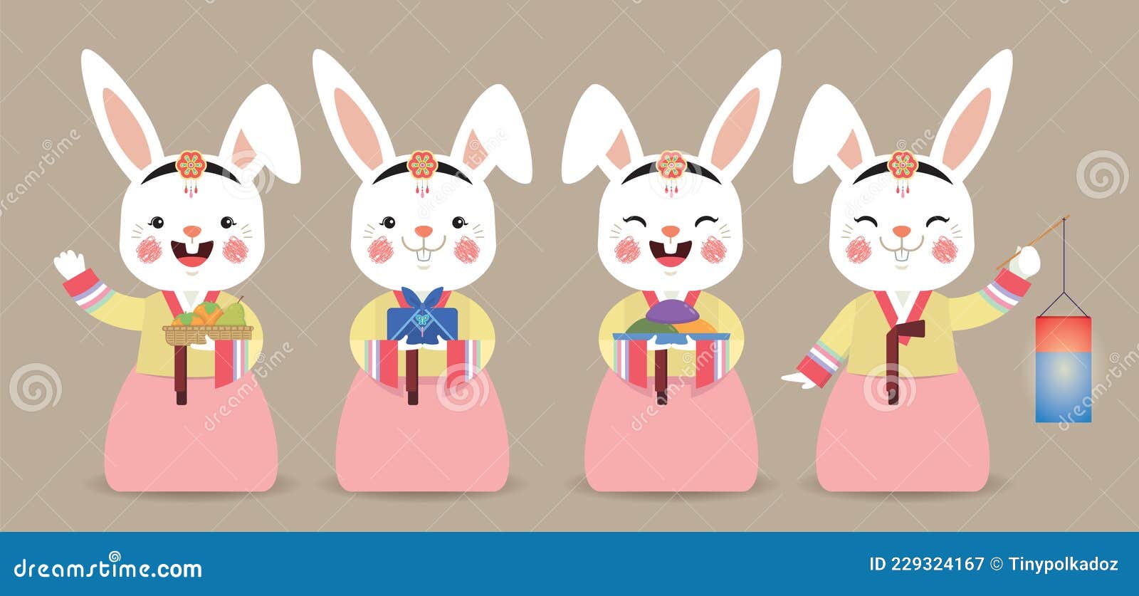 Cartoon Rabbit Wearing Korea Hanbok With Persimmons, Gift, Songpyeon ...