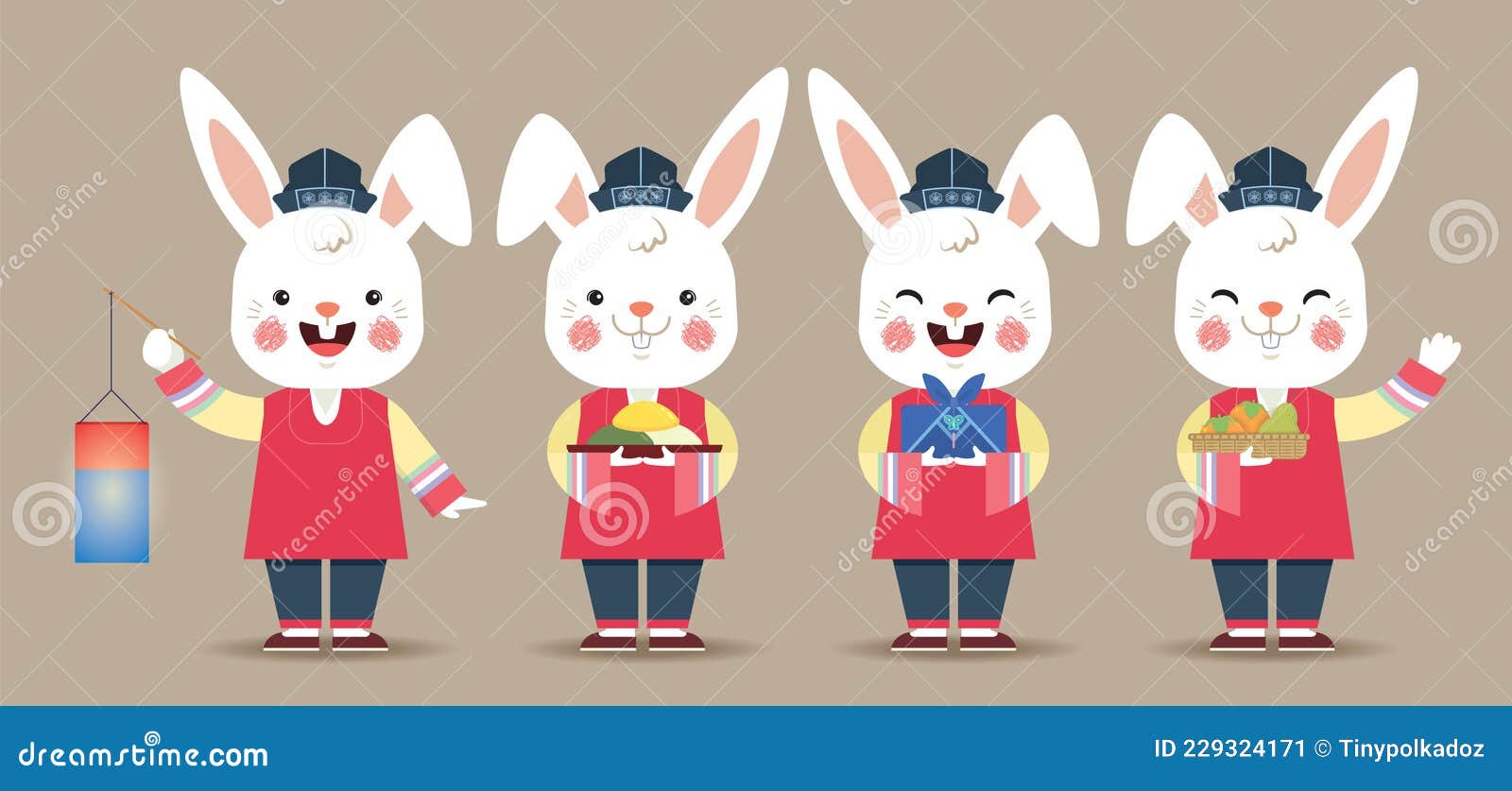 Cartoon Rabbit Wearing Korea Hanbok With Lantern, Songpyeon, Gift ...