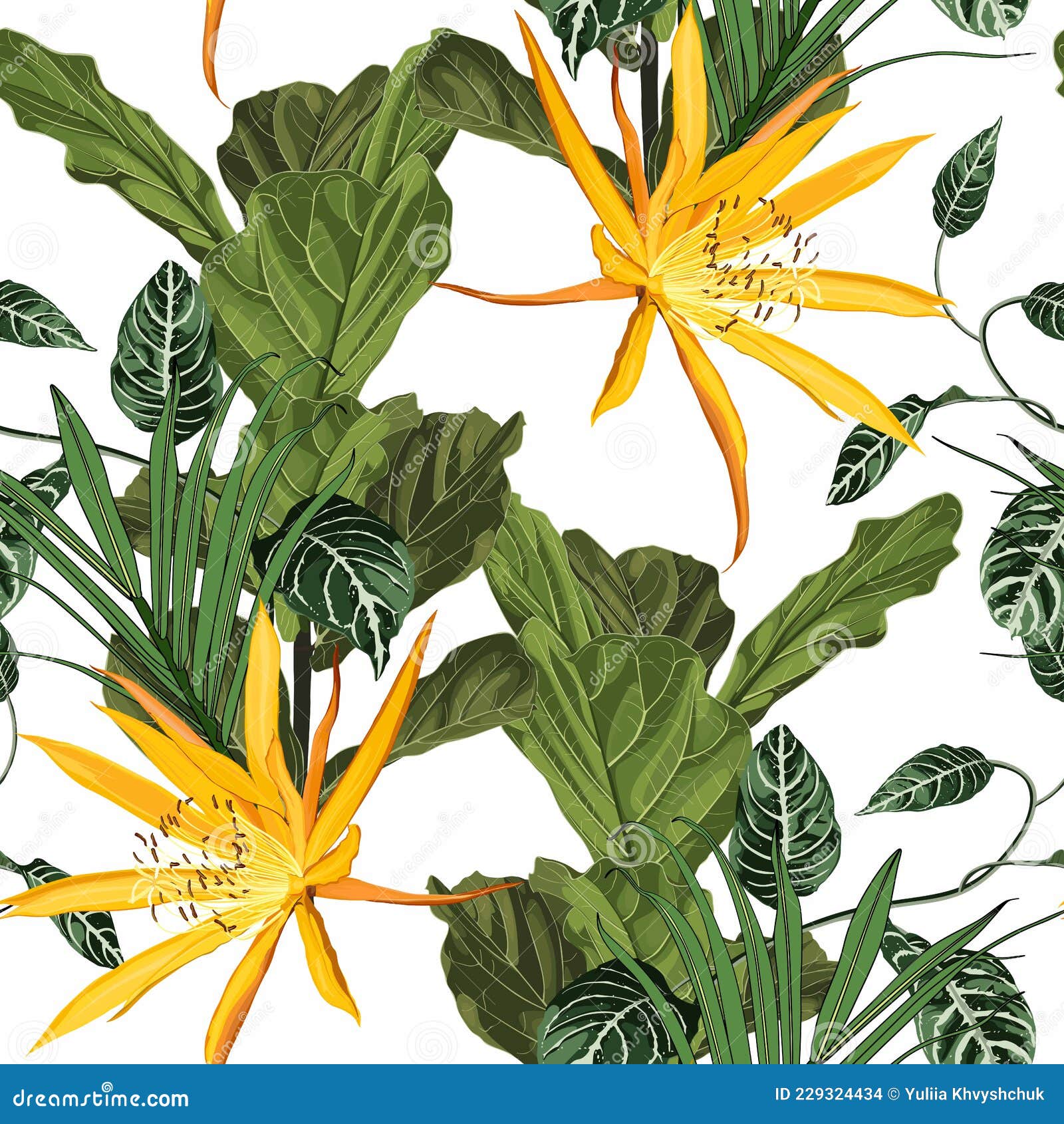 Bright Seamless Pattern with Tropical Yellow Flowers and Leaves ...