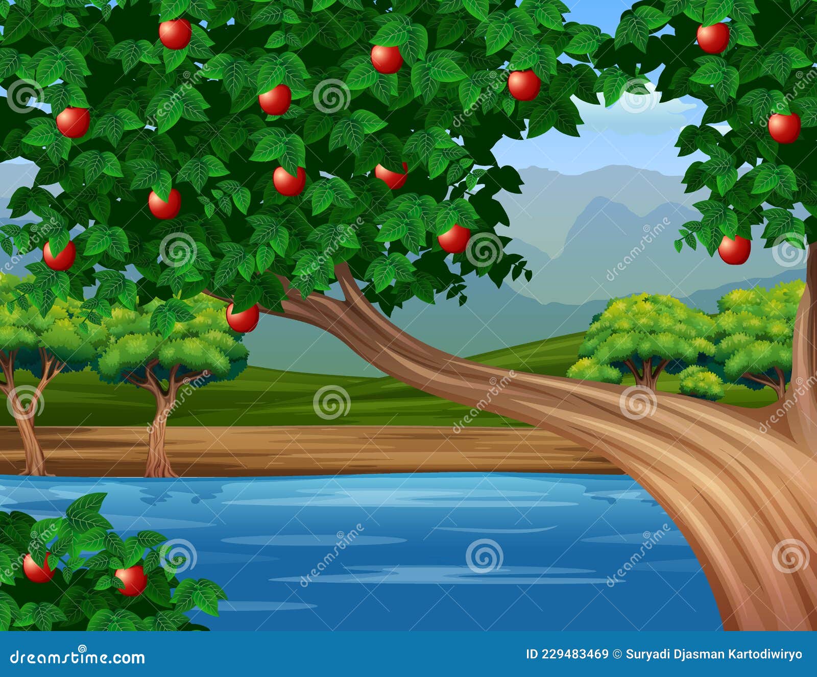 Illustration of an Apple Tree by the River Stock Vector - Illustration ...