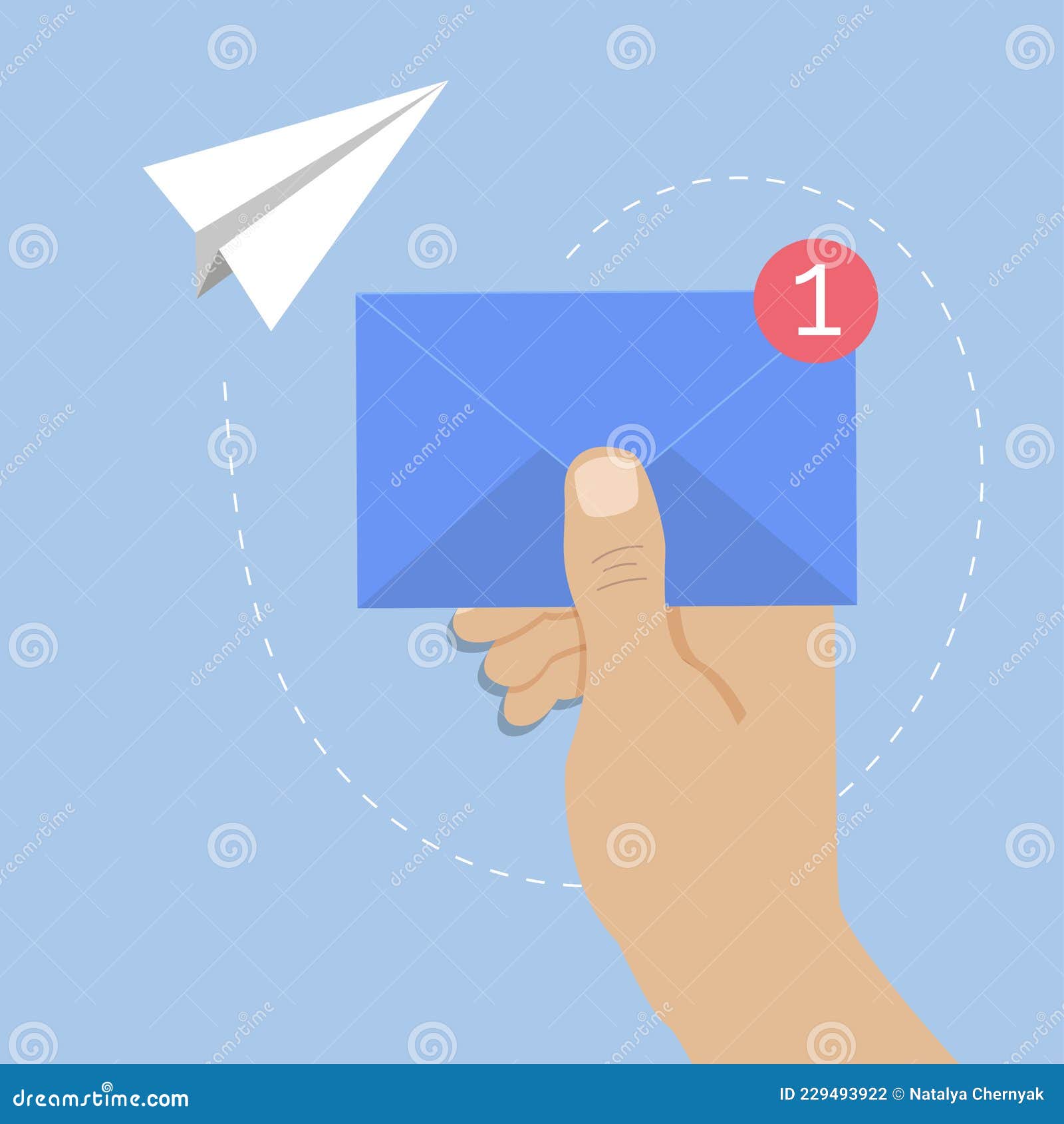 Hand Hold Blue Postal Envelope, Around Flying Paper Plane. Email ...