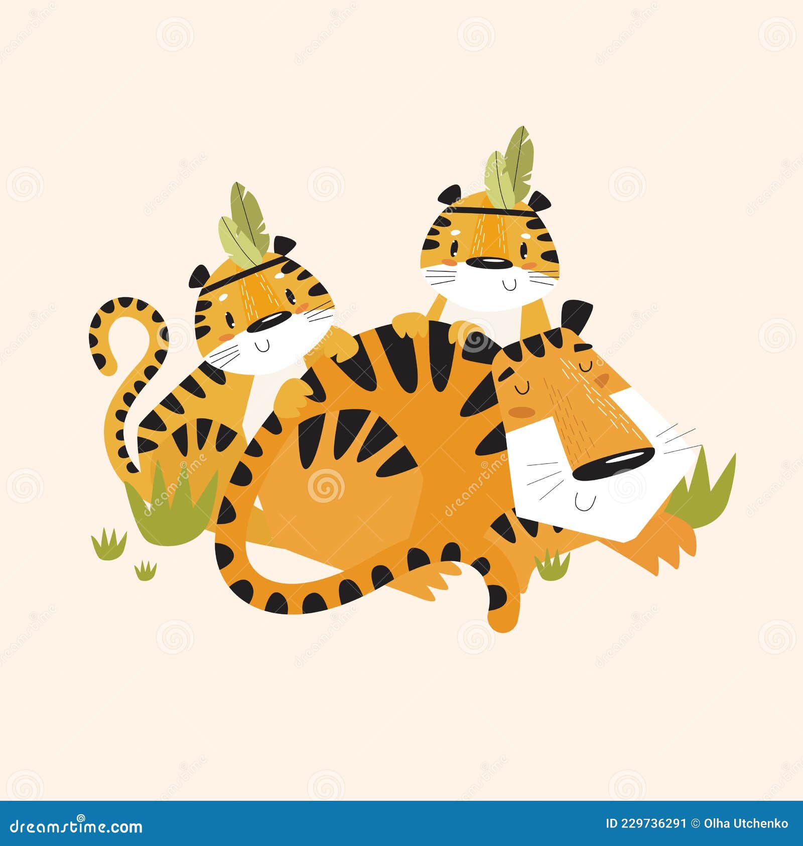 Print. a Family of Tigers is Resting. Mom the Tiger is Sleeping. Stock ...