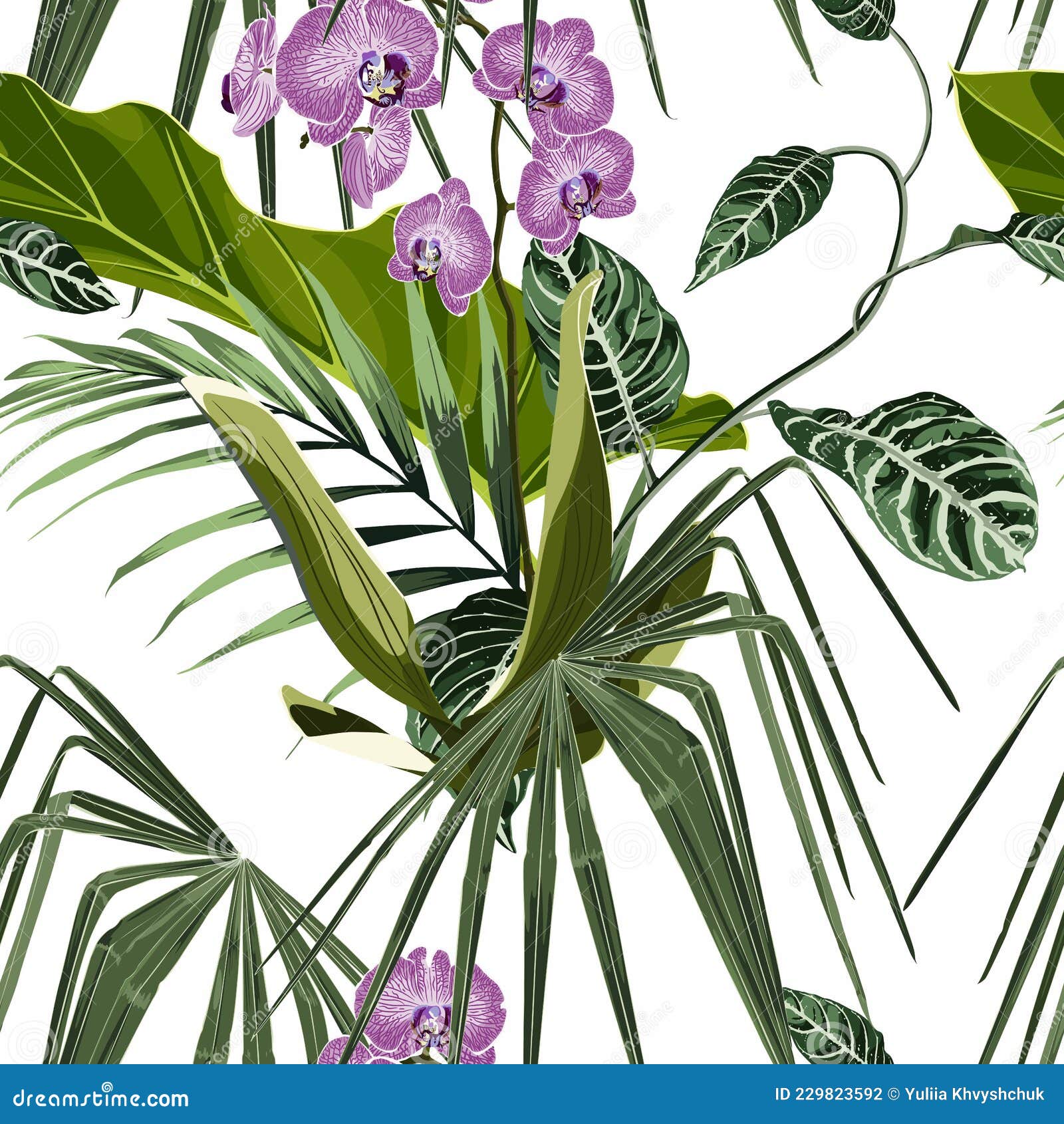 Violet Orchids. Seamless Floral Pattern with Violet Glossy Flowers and ...