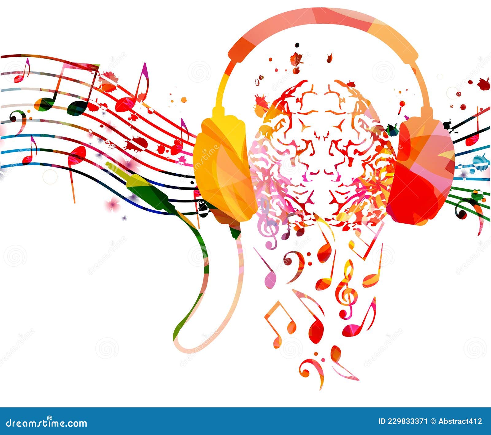 Colorful Human Brain with Musical Notes and Headphones. Musical Poster ...