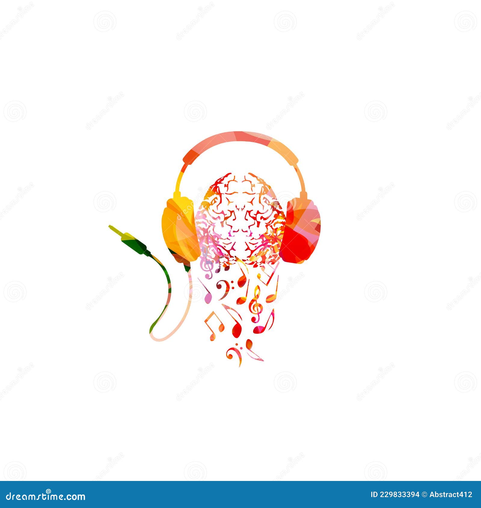 Colorful Human Brain With Musical Notes And Headphones. Musical Poster ...
