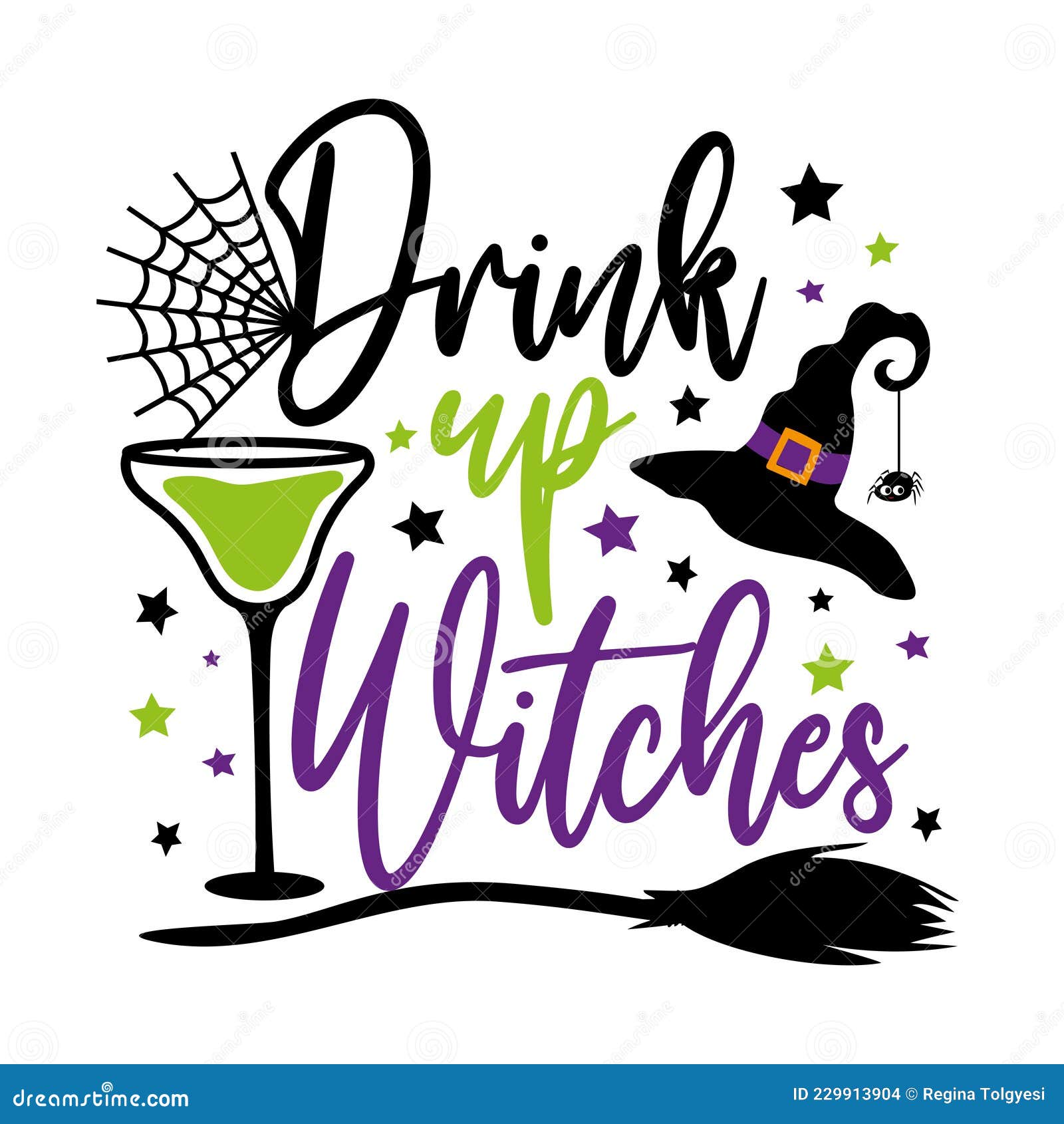 Drink Up Witches - Funny Halloween Text, with Drinking Glass, Broom ...
