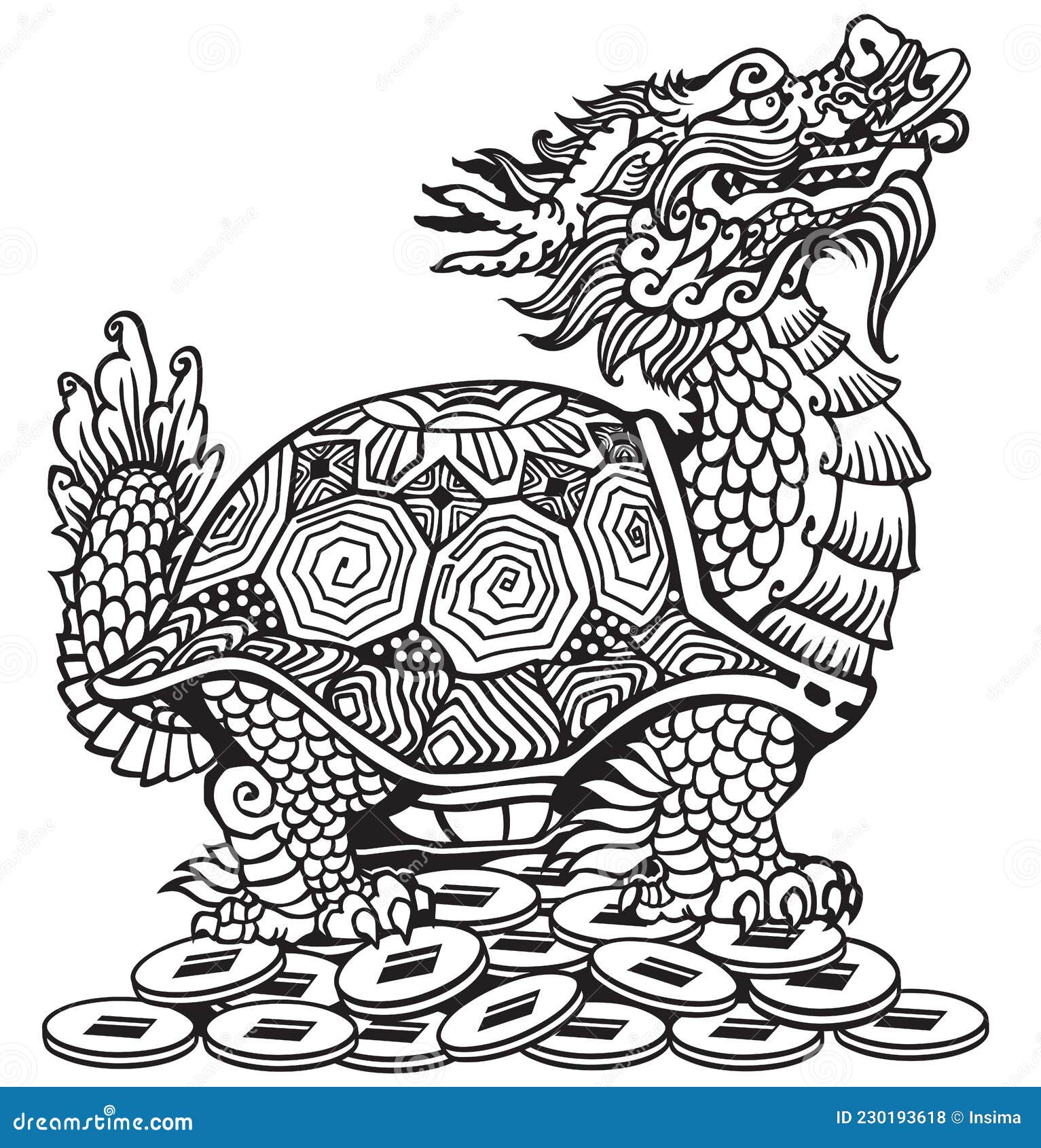 Dragon Turtle Sitting on a Lot of Coins. Black and White Stock Vector ...