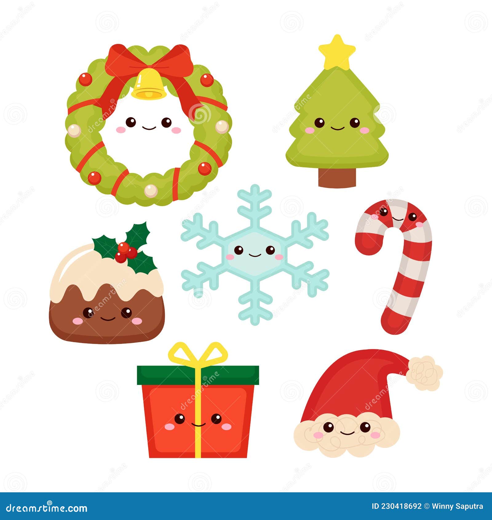 Kawaii Christmas Objects Decoration Set. Stock Vector - Illustration of ...