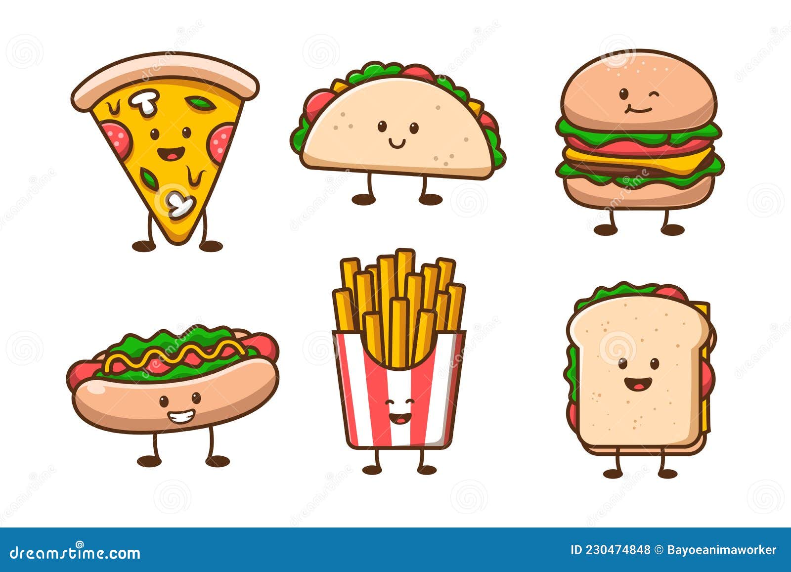 Cute Happy Fast Food Doodle Character Vector Set Stock Vector ...