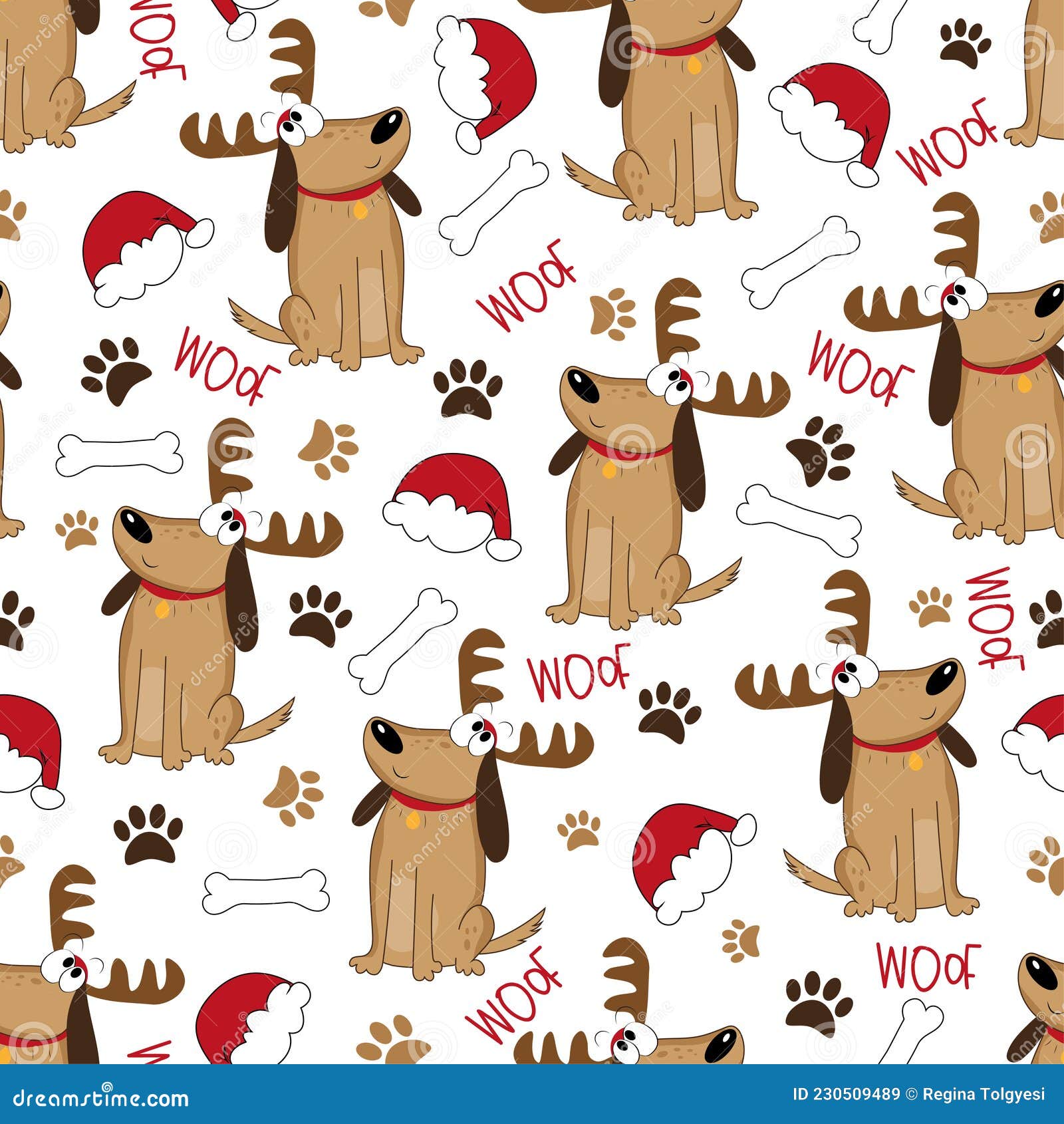 Dog Seamless Pattern for Christmas - Santa Hat, Bone, Paw Print and ...