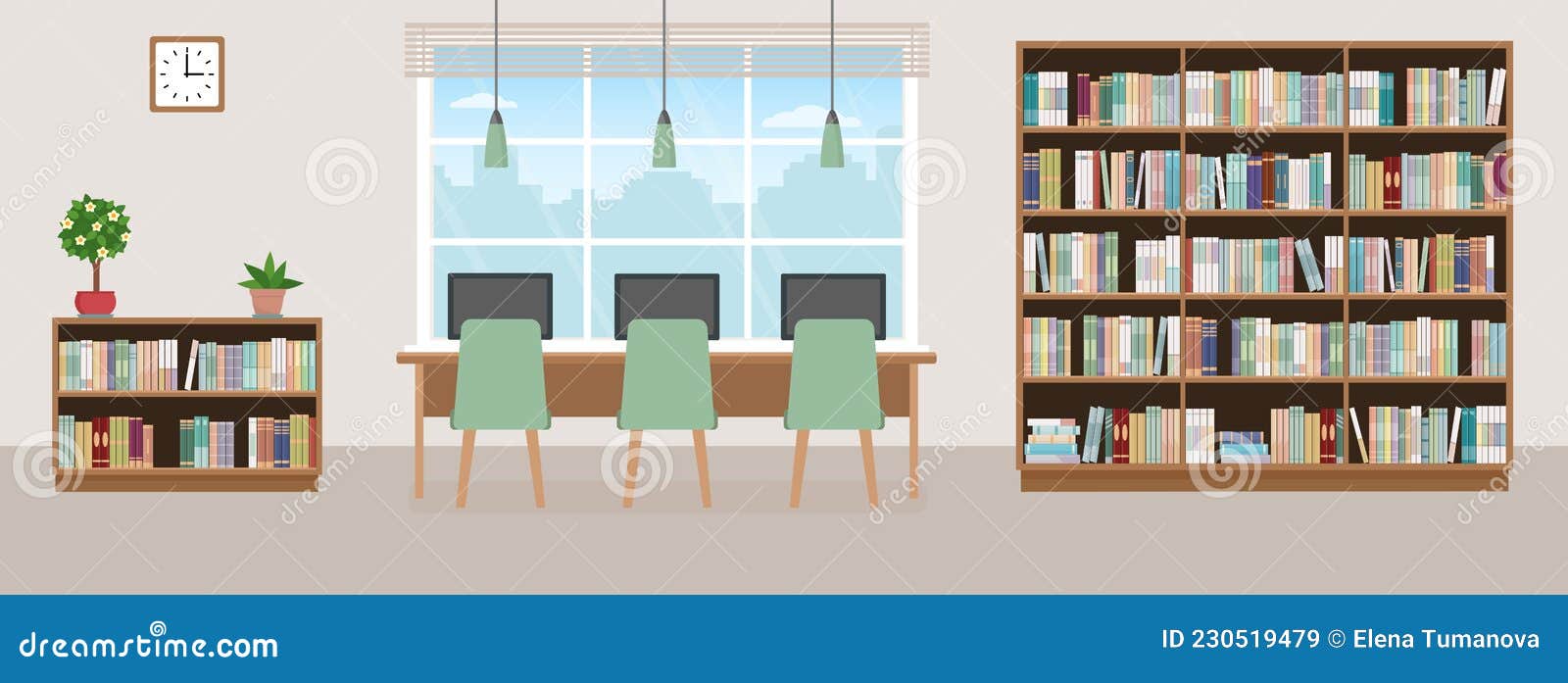 Library. Modern Public Library Interior With Bookshelves, Chairs, Desks ...