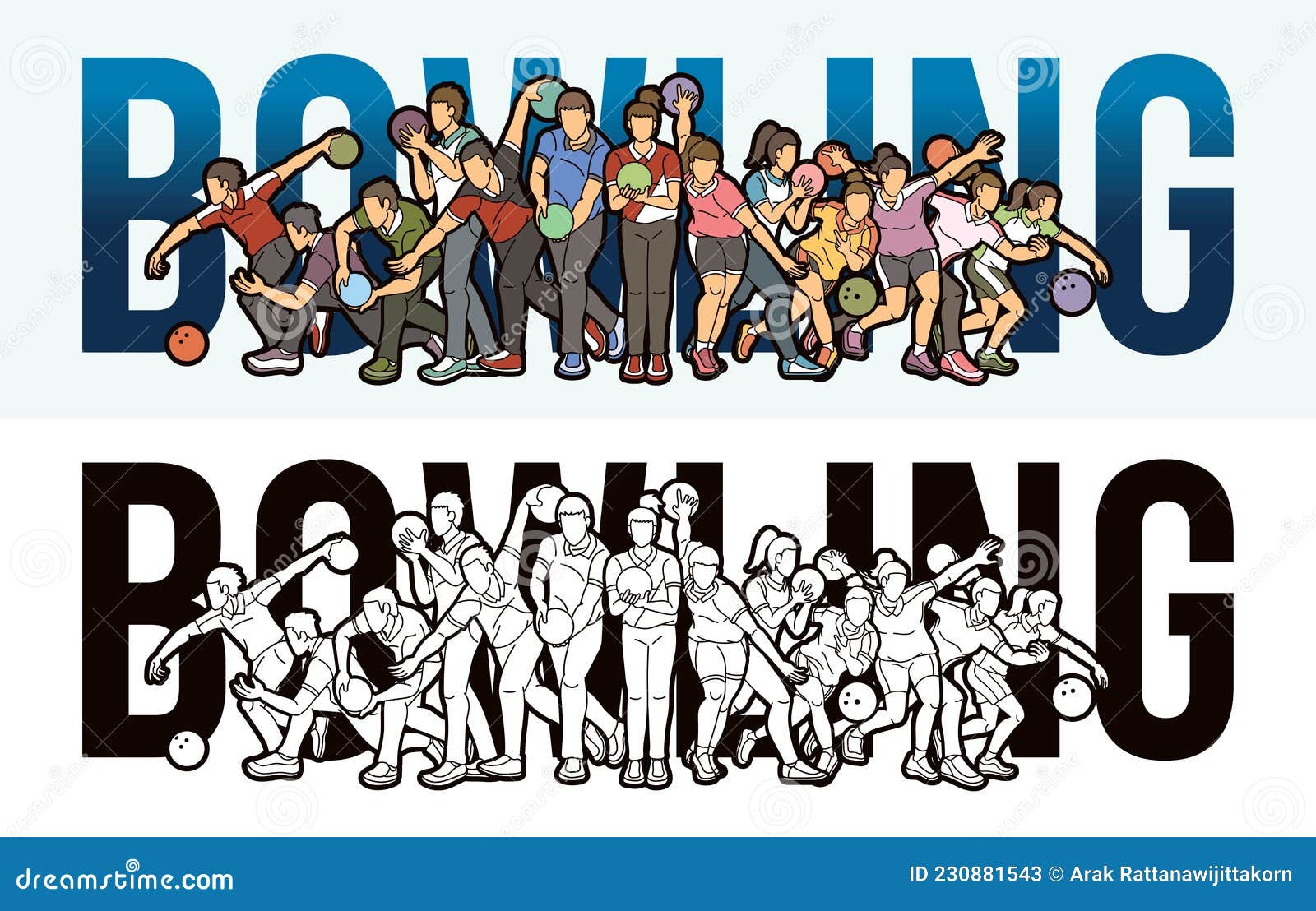 Bowling Text with Sport Players Graphic Vector Stock Vector ...