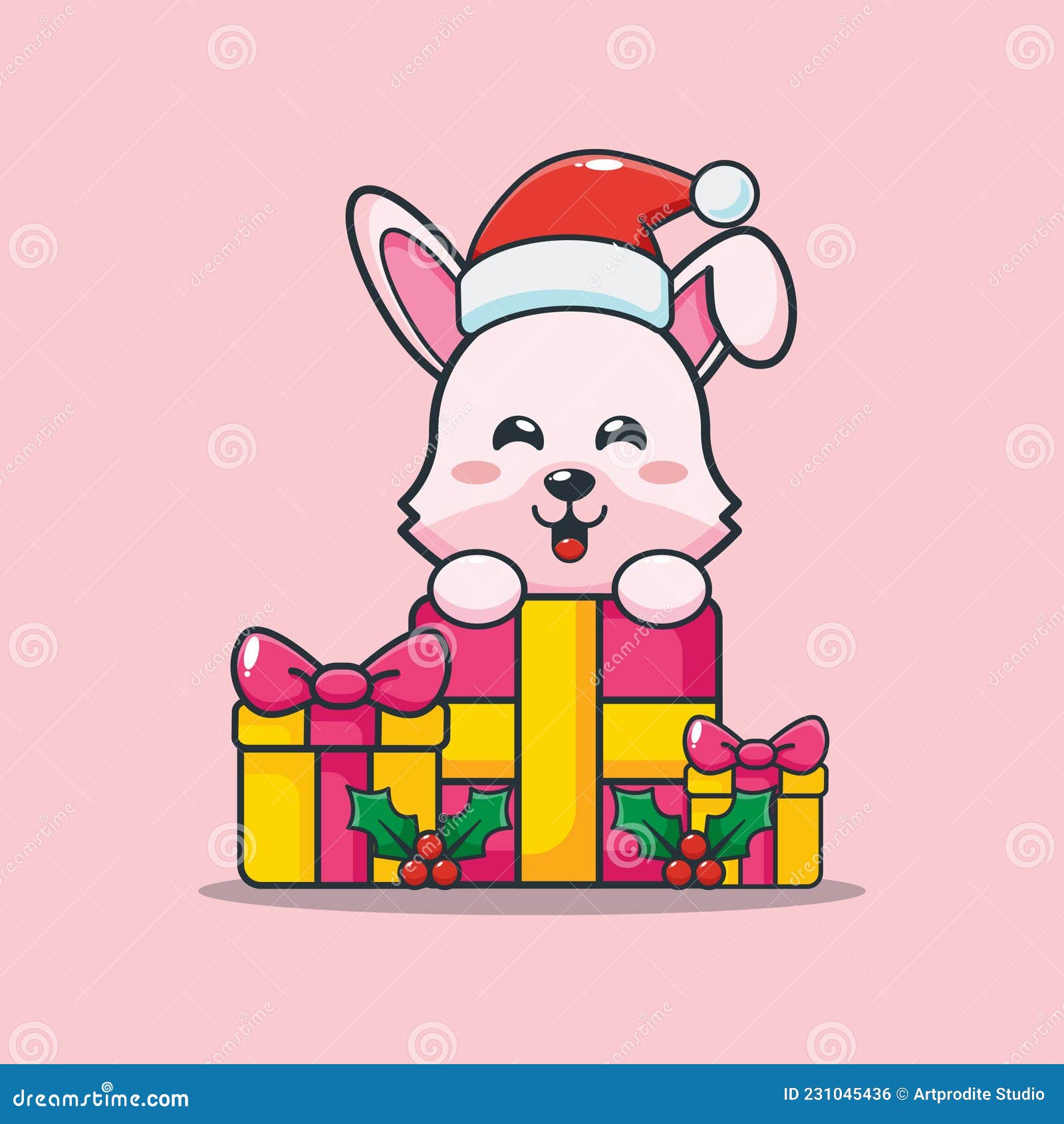 Cute Christmas Bunny Rabbit Cartoon Vector Illustration. Stock Vector ...
