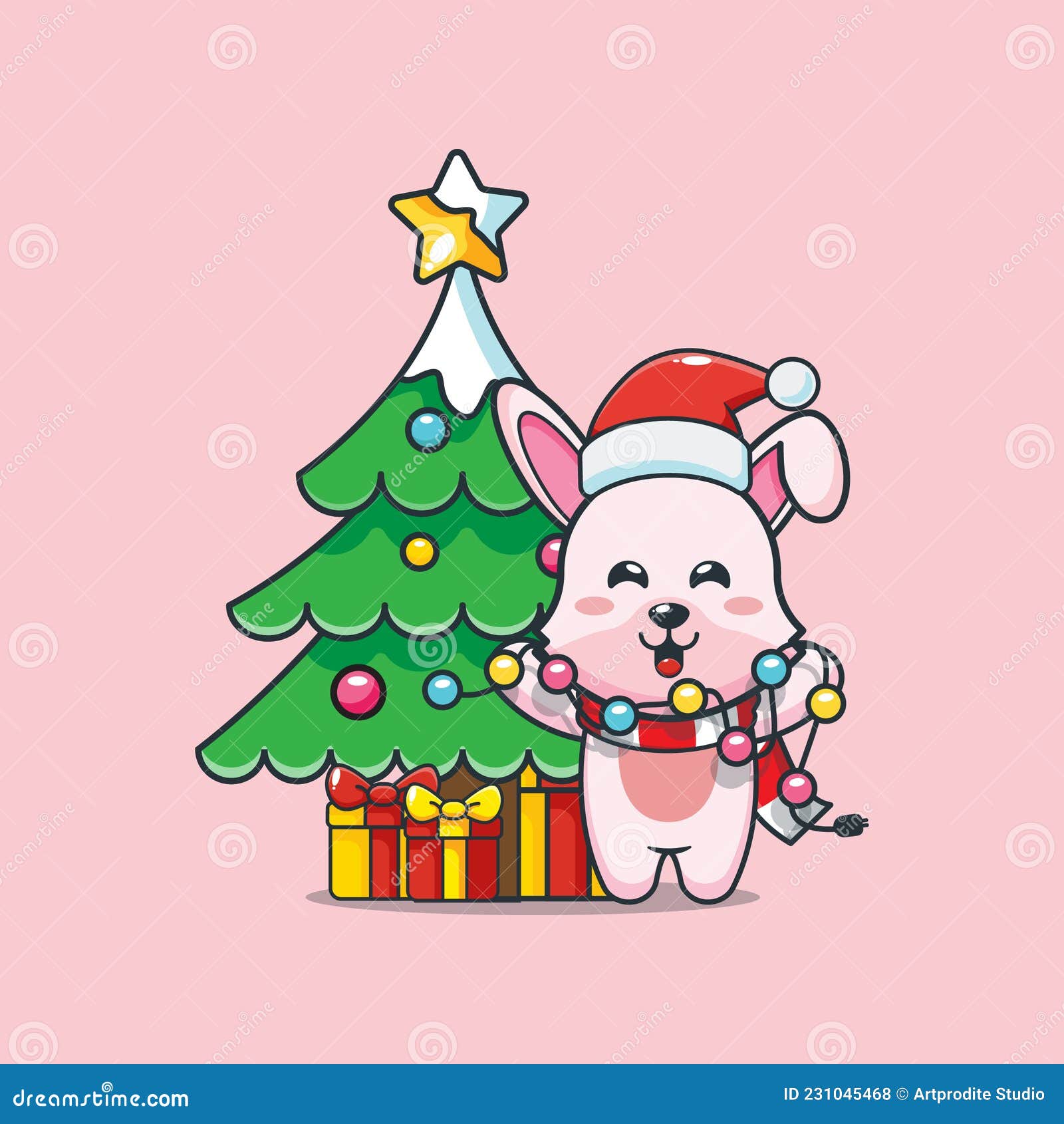 Cute Christmas Bunny Rabbit Cartoon Vector Illustration. Stock Vector ...