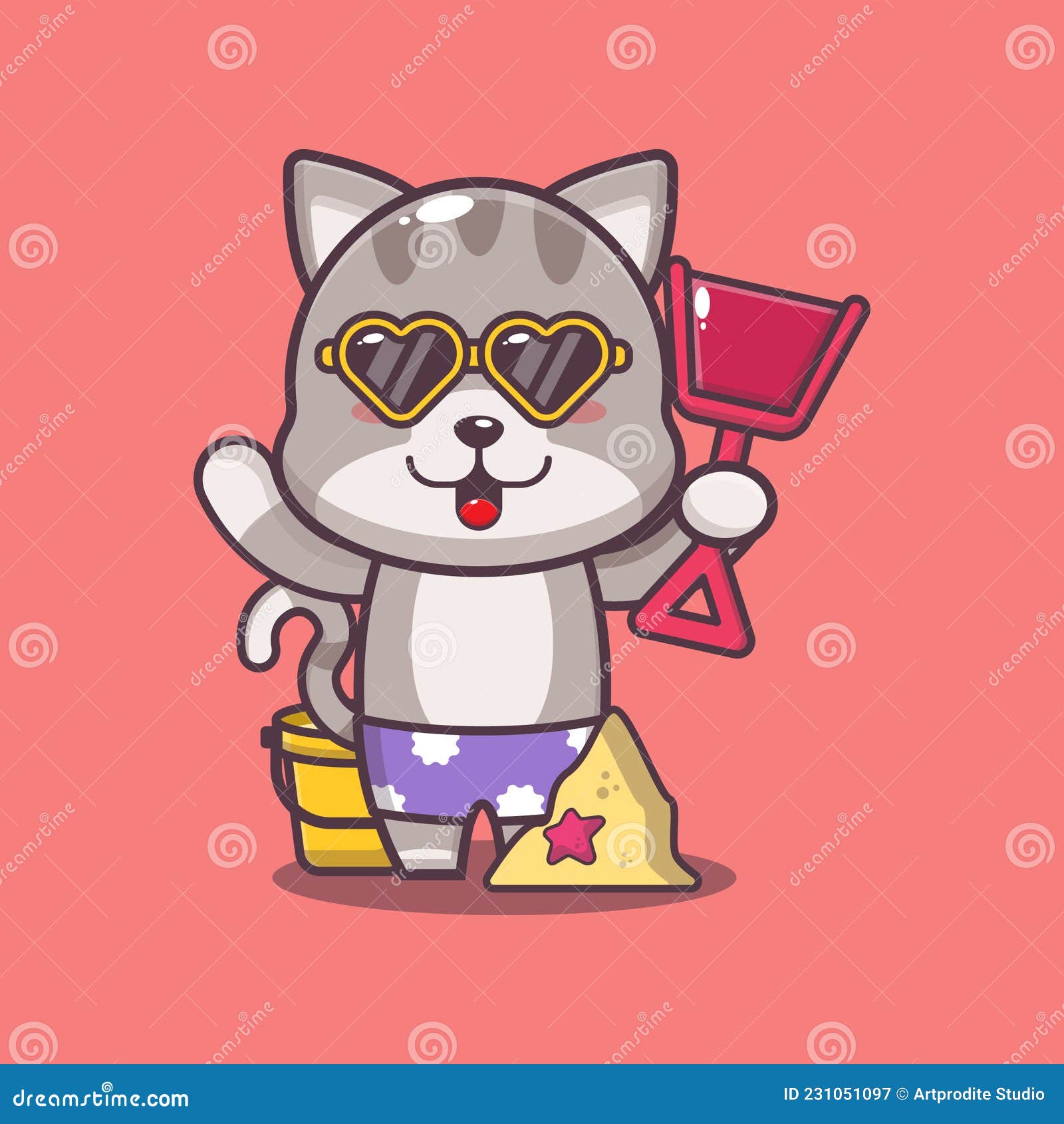 Cute Cat Playing Sand Beach Cartoon Illustration. Stock Vector ...