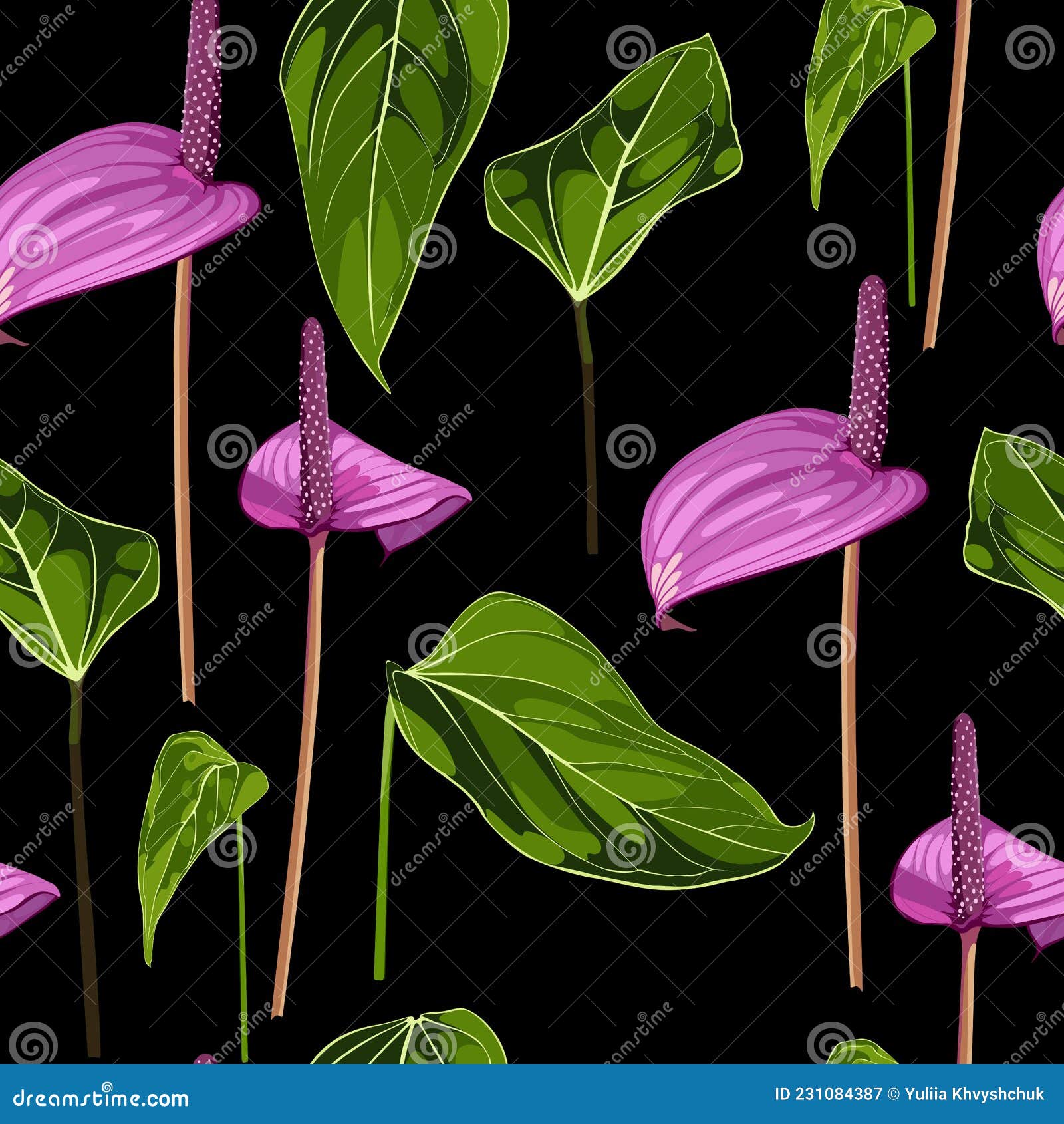Anthurium. Seamless Floral Pattern with Violet Glossy Flowers and ...