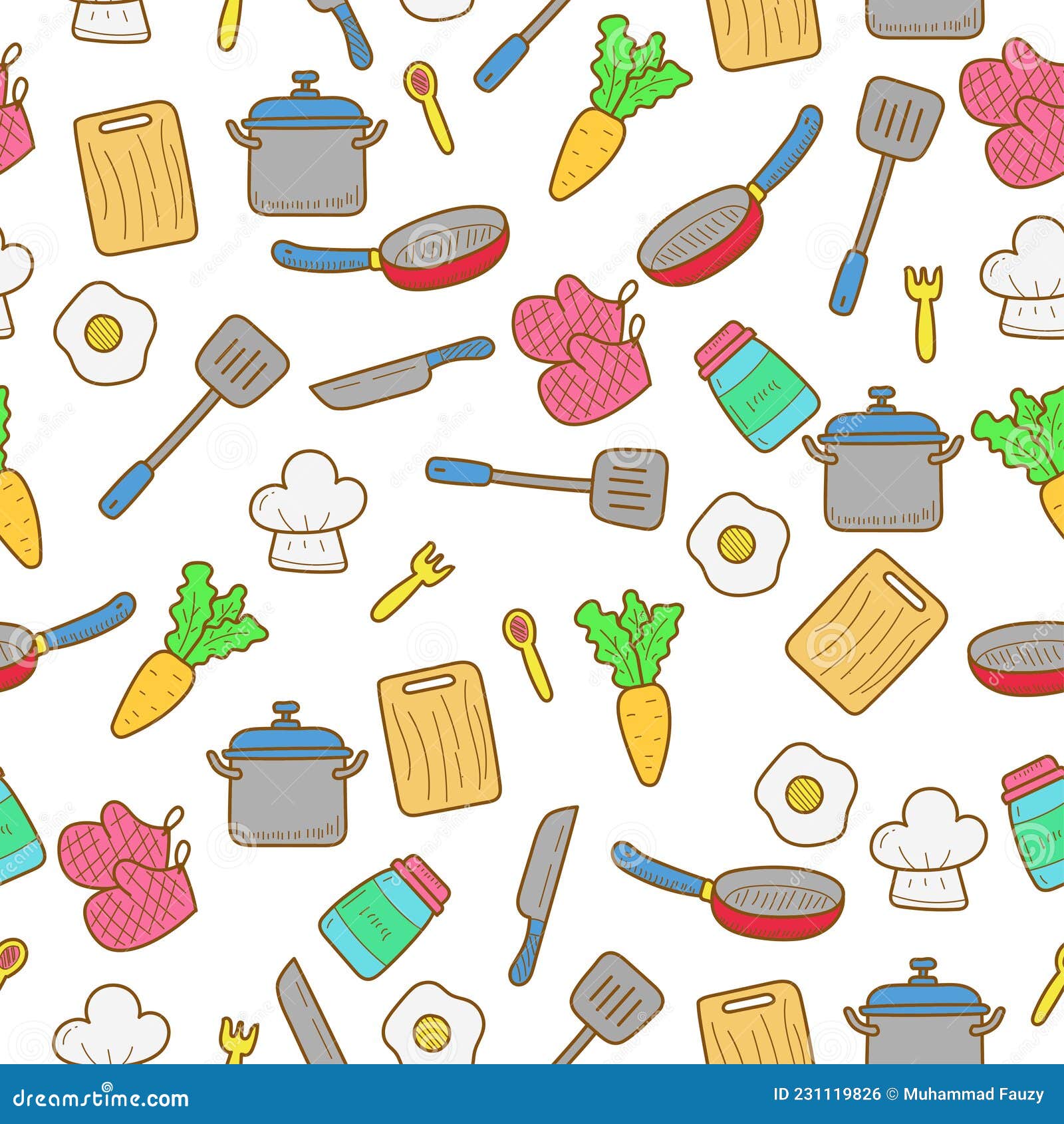 Colorful Kitchen Doodle Seamless Pattern Stock Vector - Illustration of ...
