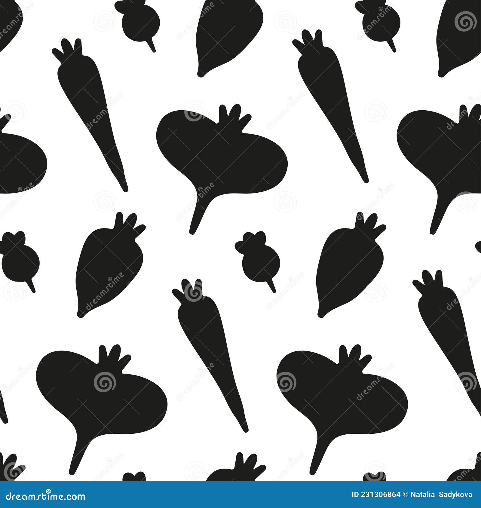 Root Vegetable Silhouettes. Food Seamless Pattern. Black White ...