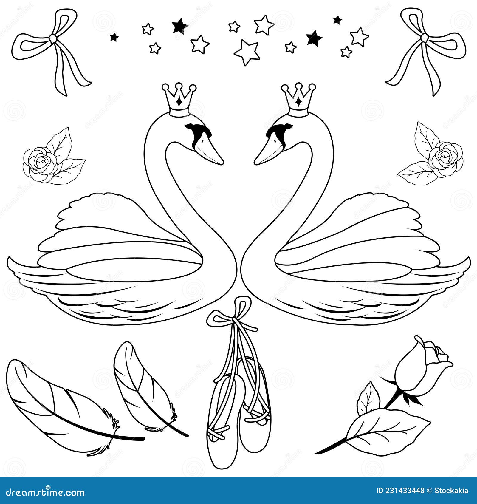 Swan Lake Ballet Fairy Tale Set. Vector Black and White Coloring Page ...
