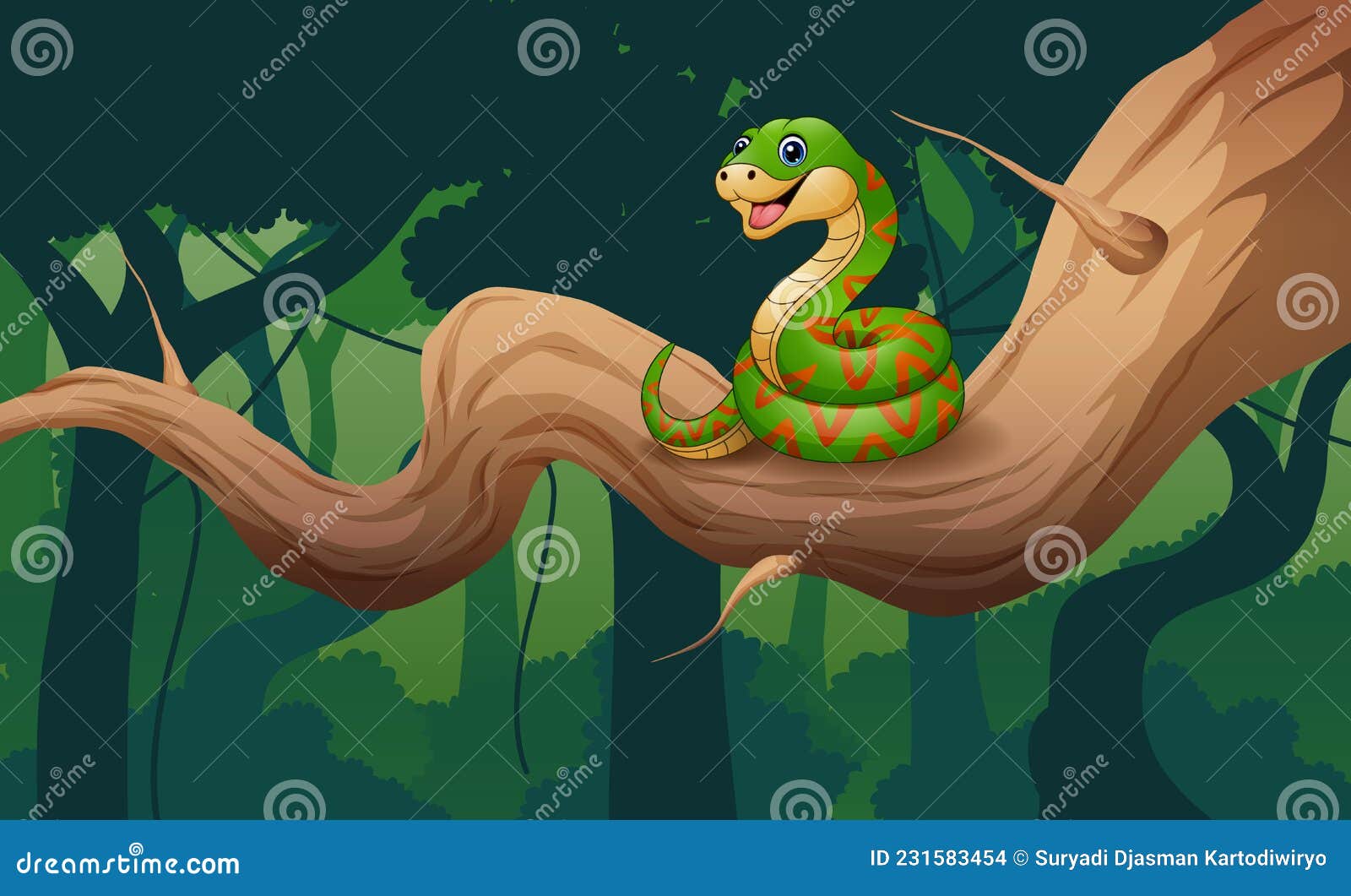 Cartoon Illustration of Snake on a Branch Stock Vector - Illustration ...